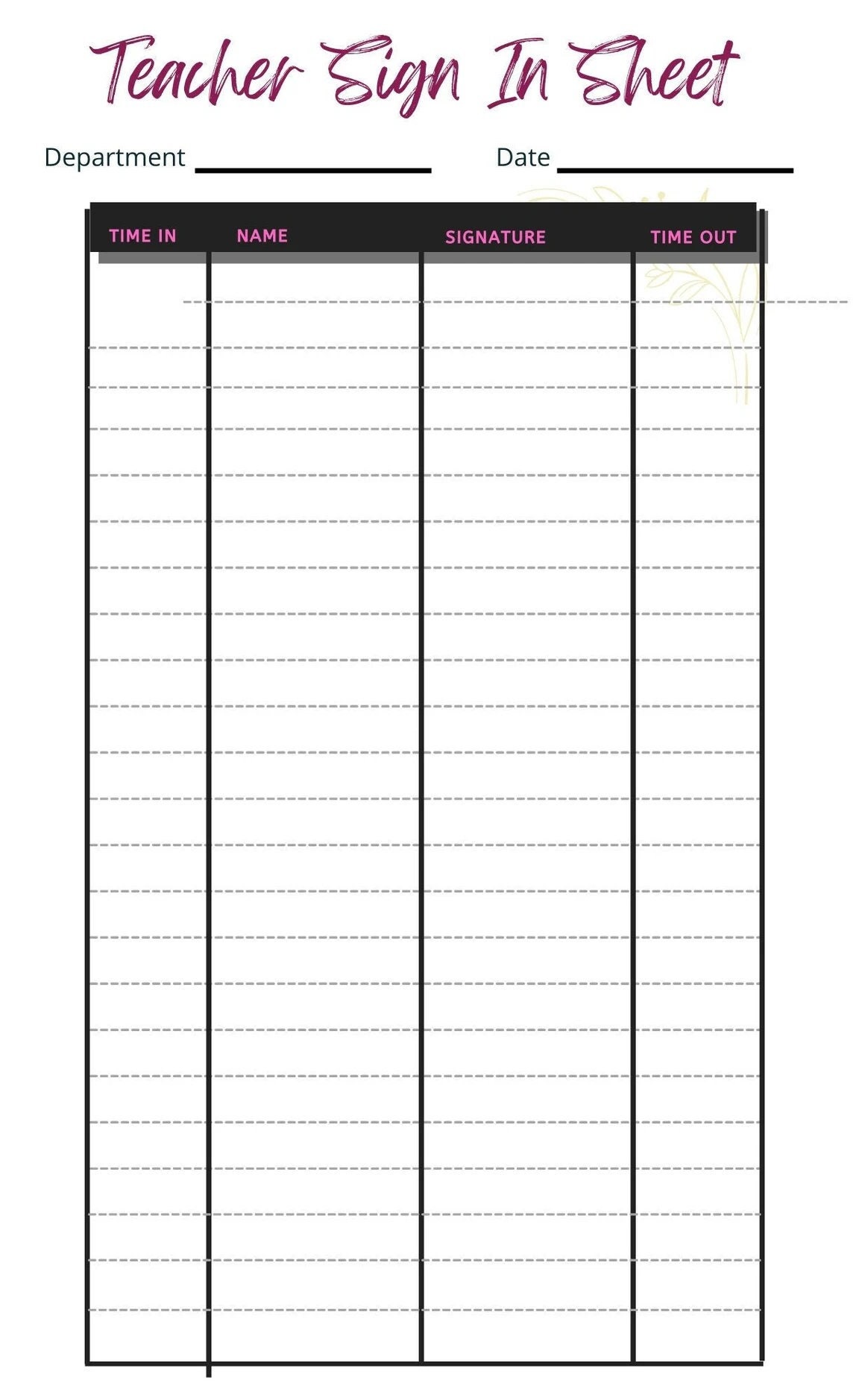 Teacher Sign in Sheet , Printable Form, Digital File, Instant Download ...