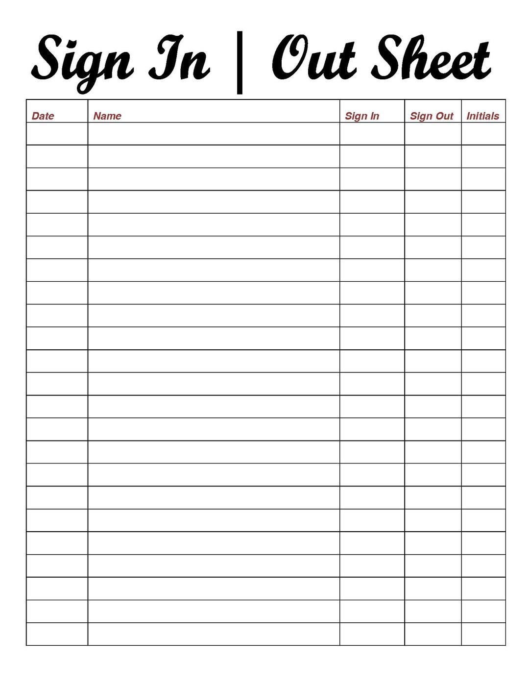 Sign in and Sign Out Sheet, Printable Form, Digital File, Instant ...