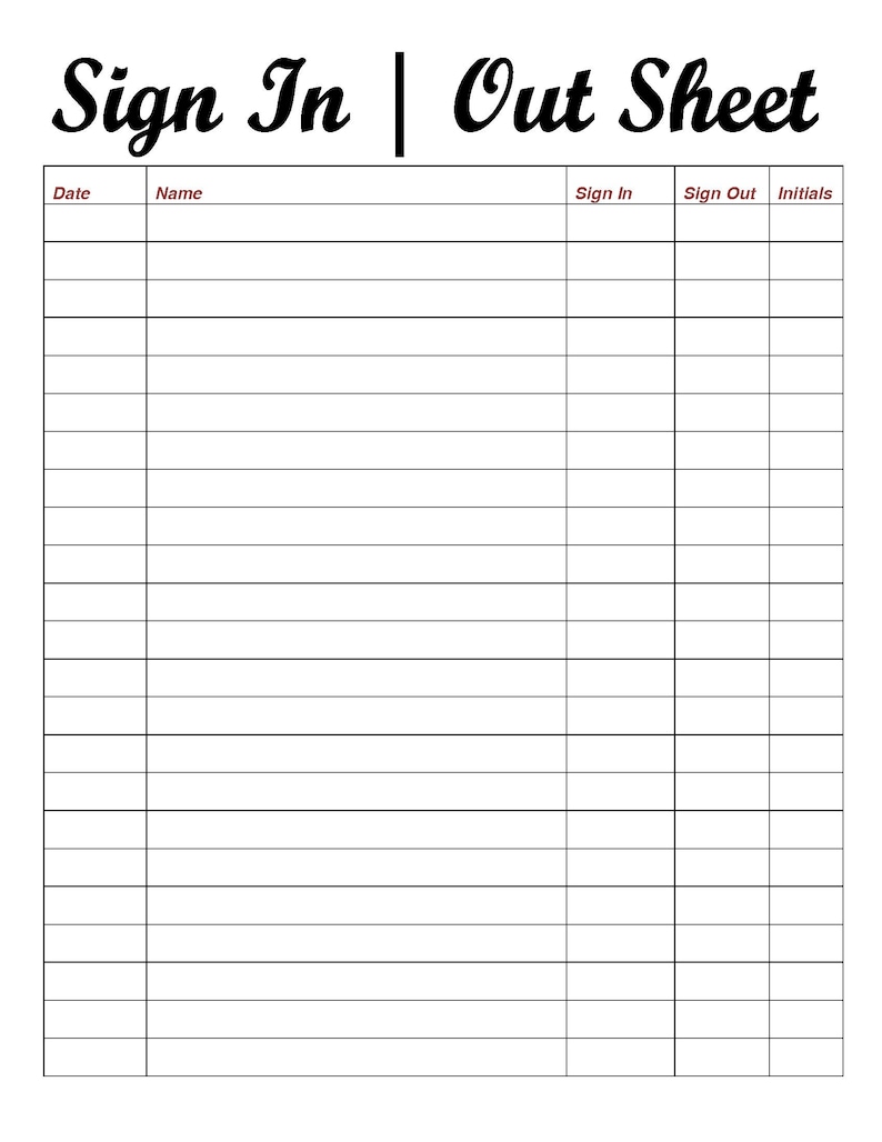 Sign in and Out Sheet Printable, Editable Form (digital File) - Etsy