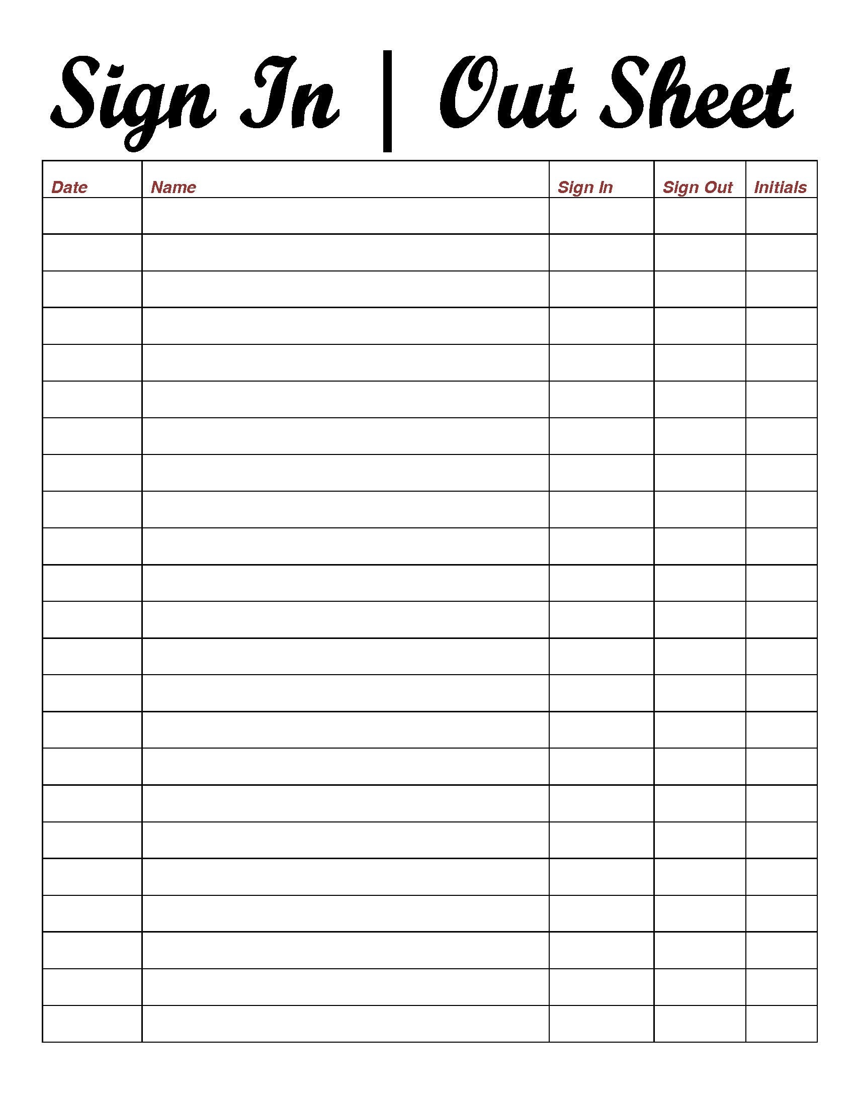 Sign in and Sign Out Sheet, Printable Form, Digital File, Instant ...