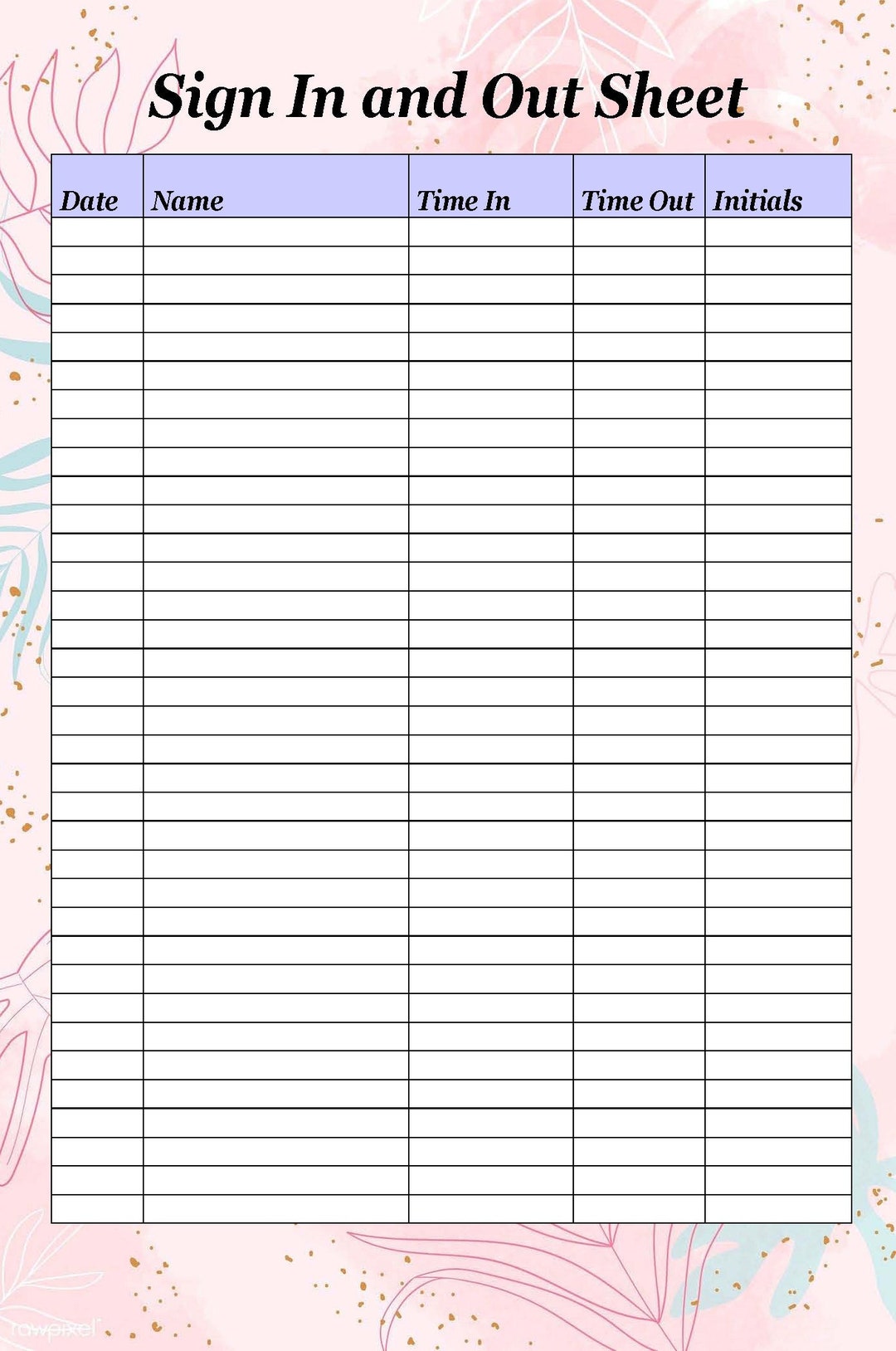 Sign in and Out Sheet , Printable Form, Digital File, Instant Download ...