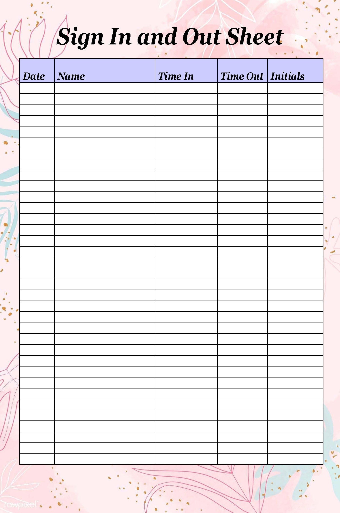 Sign in and Out Sheet , Printable Form, Digital File, Instant Download ...