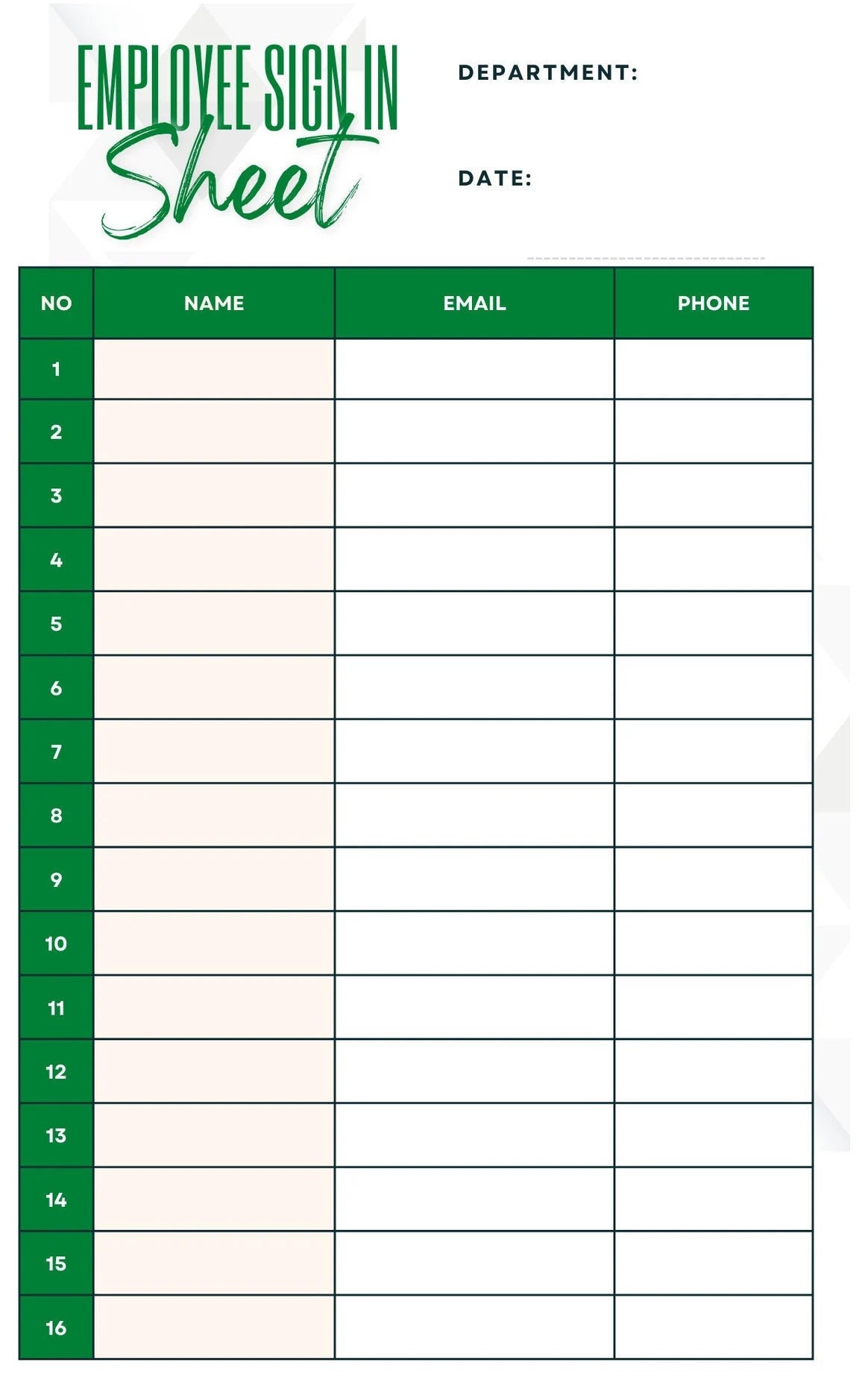 Employee Sign in Sheet Printable Form Digital File Instant - Etsy