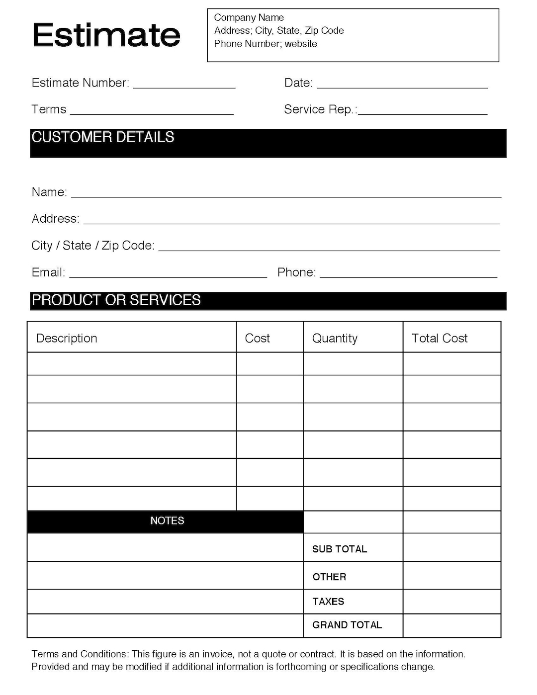 Estimate - Invoice Template | Word | Printable | Download| Black-white ...