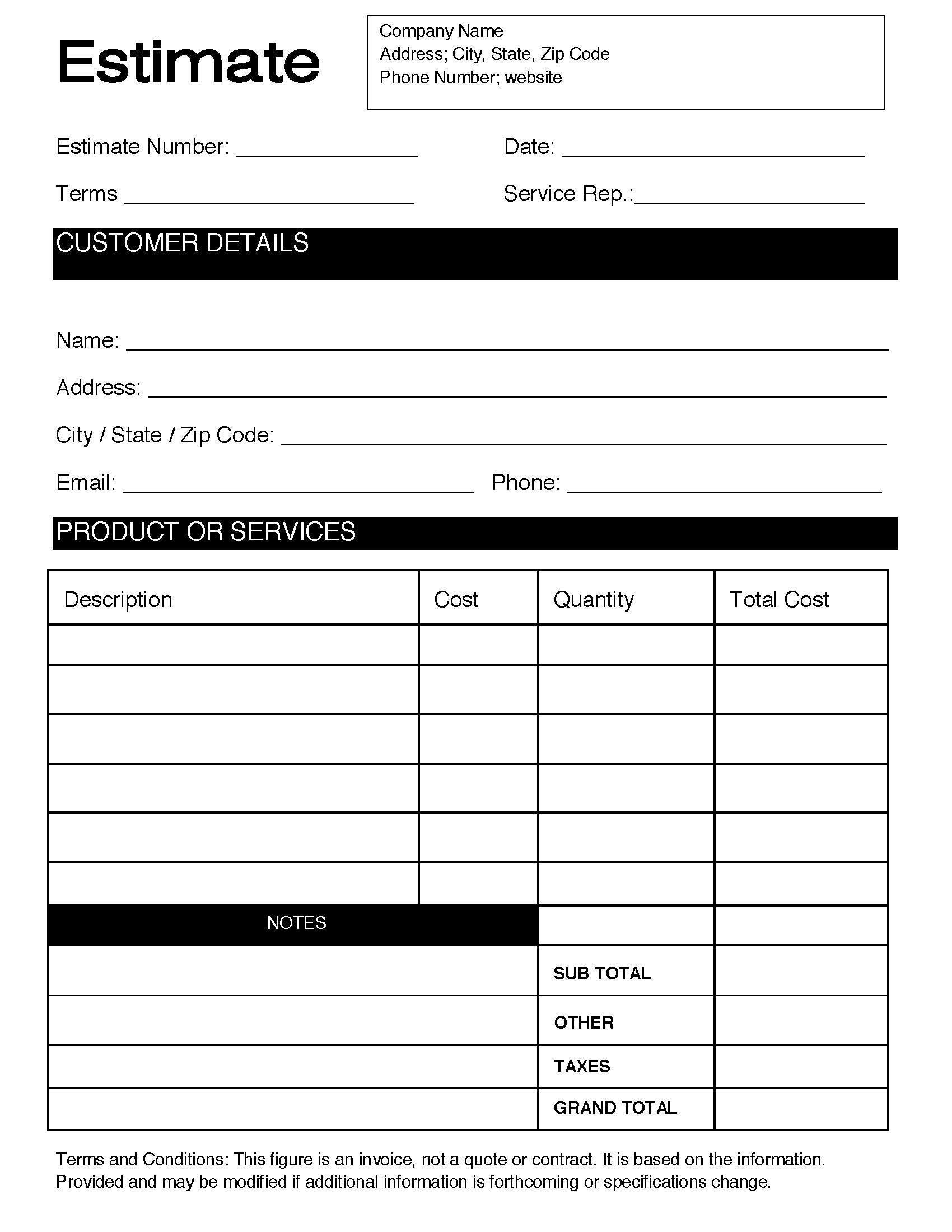 Estimate - Invoice Template | Word | Printable | Download| Black-white ...