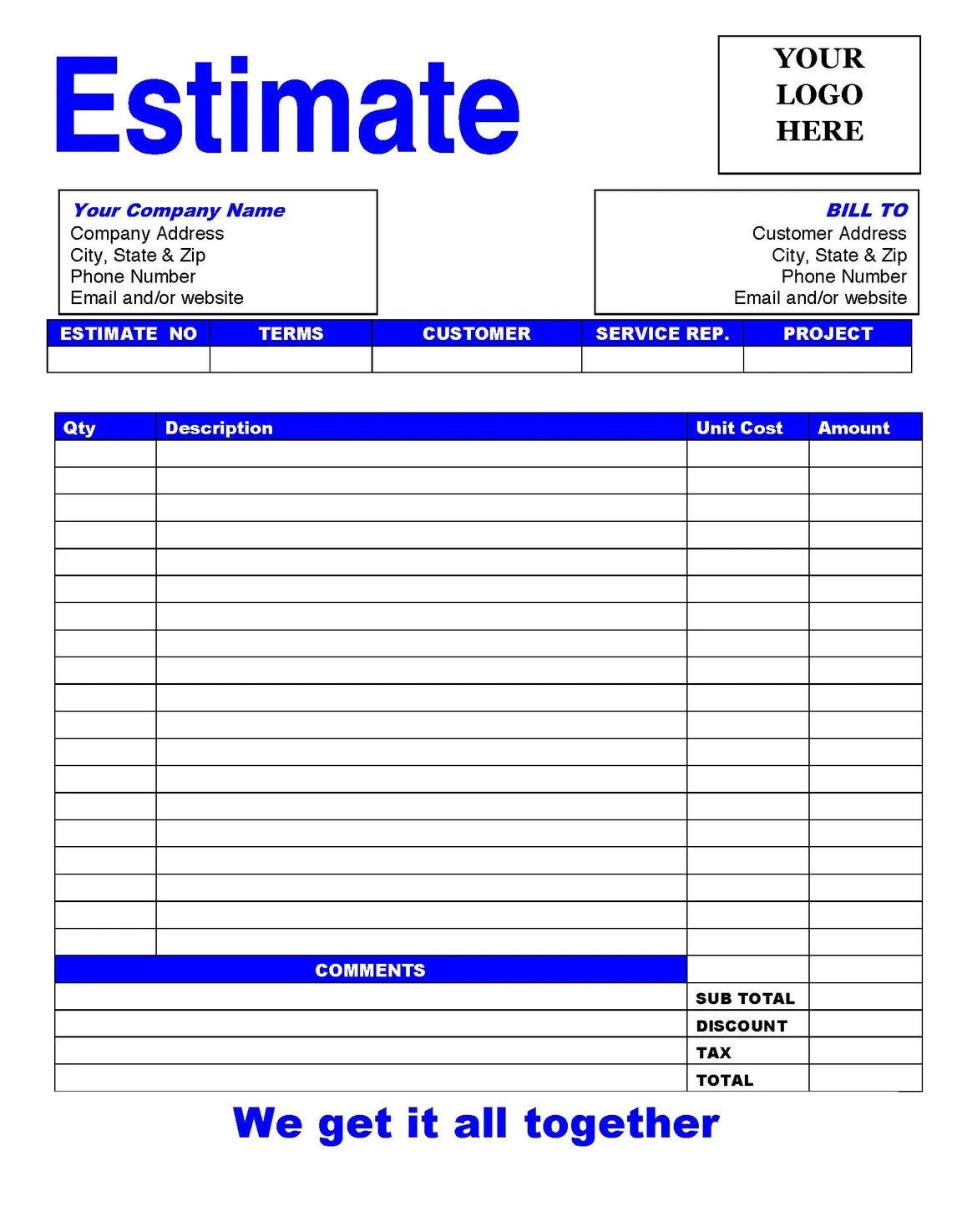 ESTIMATE-INVOICE Template |classic Blue | Printable Form | Instant ...