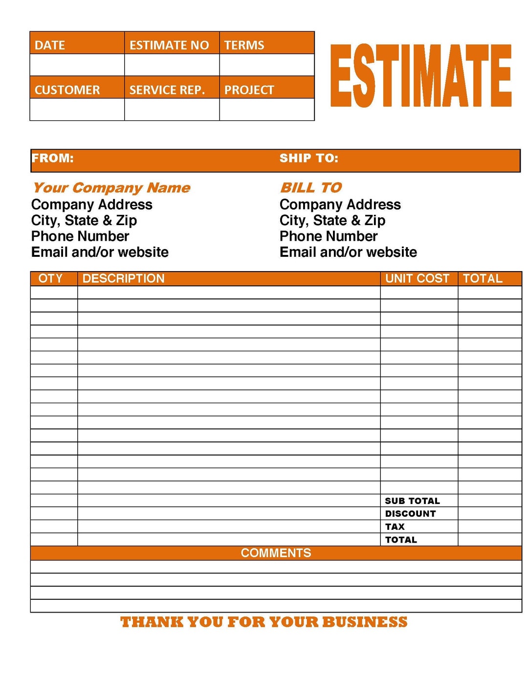 ESTIMATE-INVOICE Template| Orange | Word | Printable | Download| Orange ...