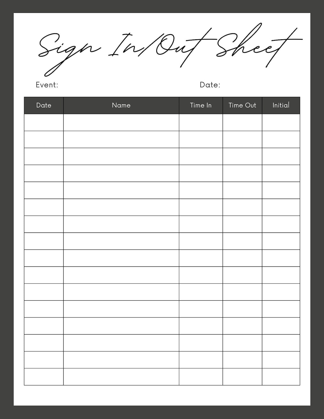 Sign in and Out Sheet Printable Form, Digital File, Instant Download ...
