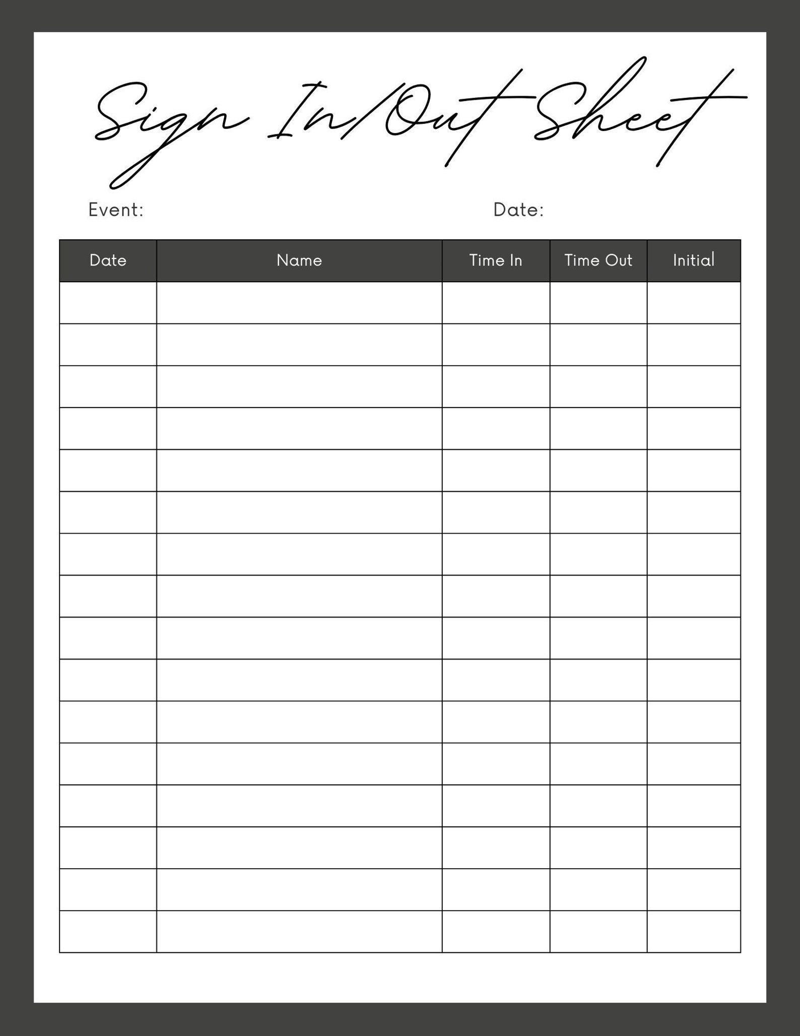 Sign in and Out Sheet Printable Form, Digital File, Instant Download ...
