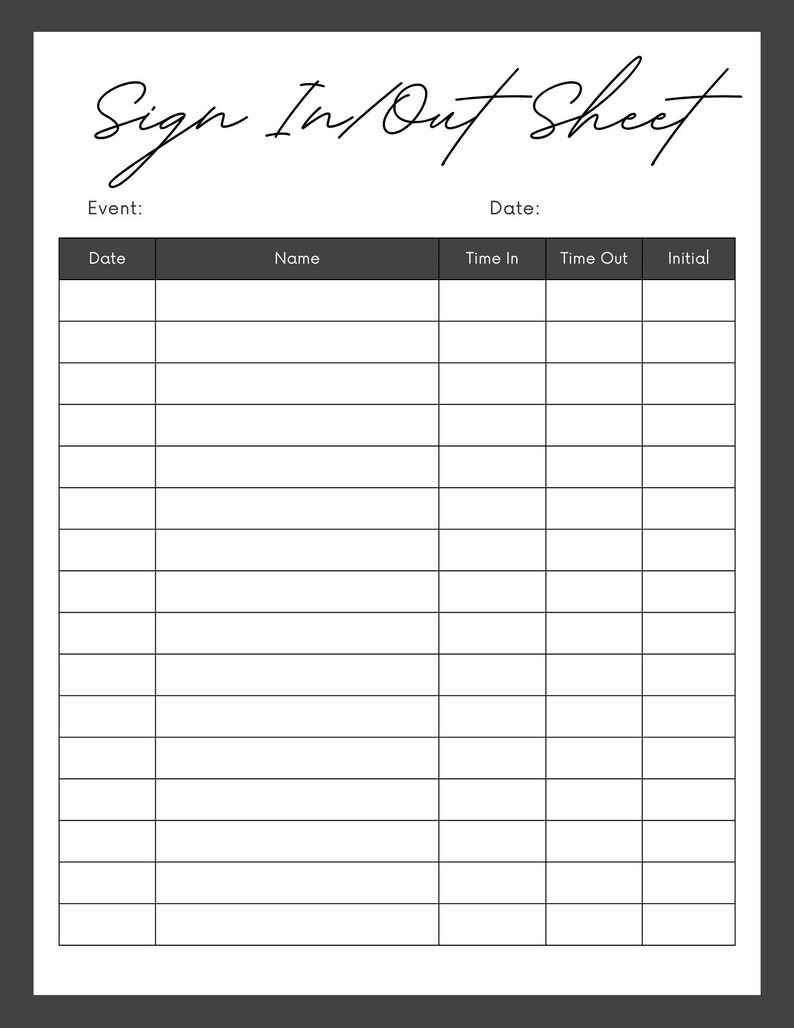 Sign in and Out Sheet Printable Form, Digital File, Instant Download ...