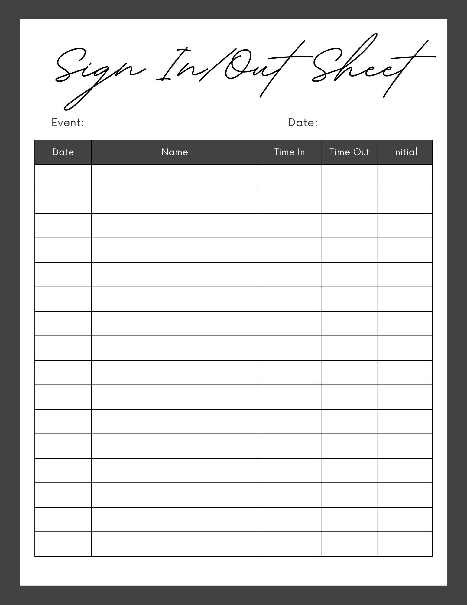 Sign in and Out Sheet Printable Form, Digital File, Instant Download ...