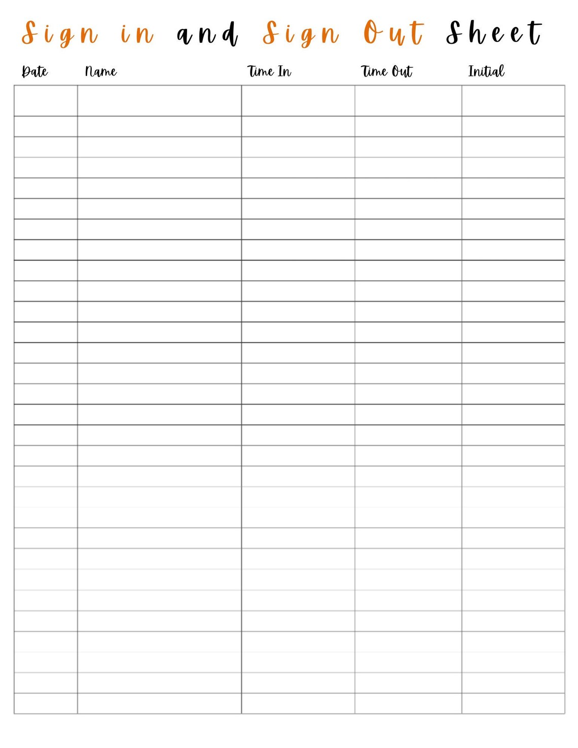 Sign in and Out Sheet Printable Form Digital File Instant - Etsy