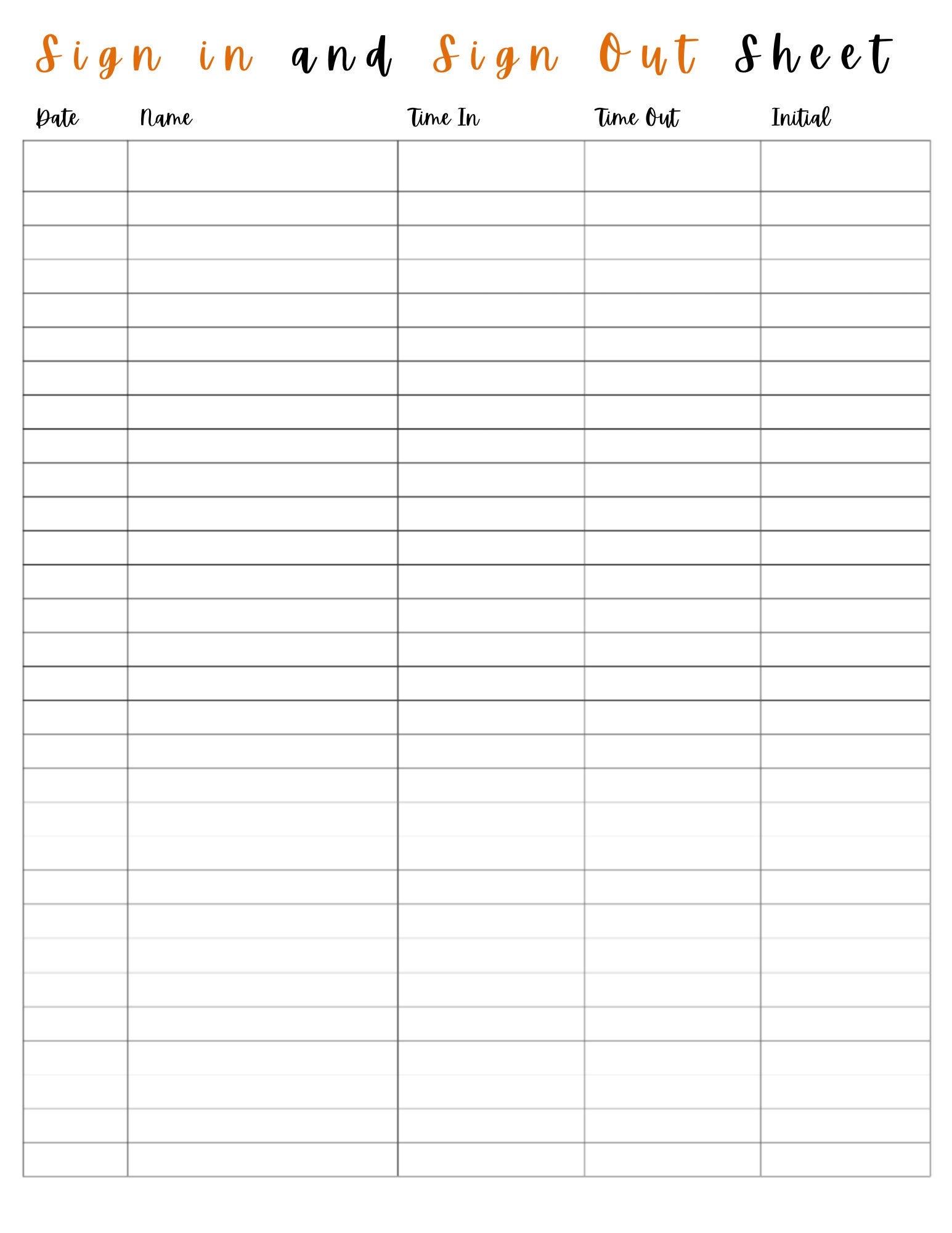 Sign in and Out Sheet Printable Form Digital File Instant - Etsy