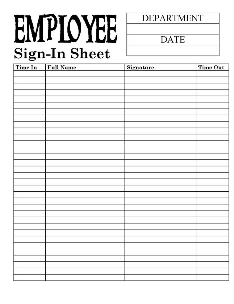Employee Sign in Sheet, Printable Form, Digital File, Instant Download ...