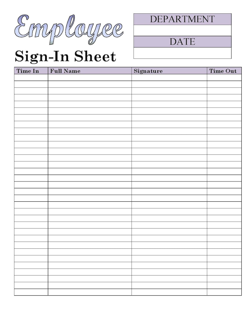 Employee Sign in Sheet | Printable Form | Digital File | Instant ...