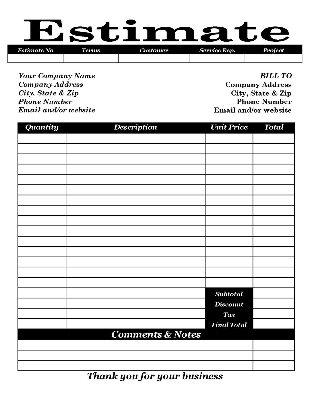 Estimate-invoice | Template Word | Printable | Download| Black Document ...