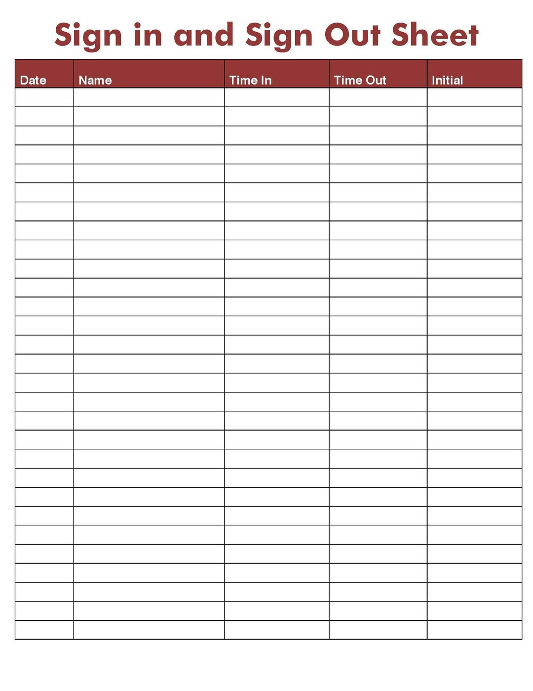 Sign in and Out Sheet, Printable Form, Digital File, Instant Download ...