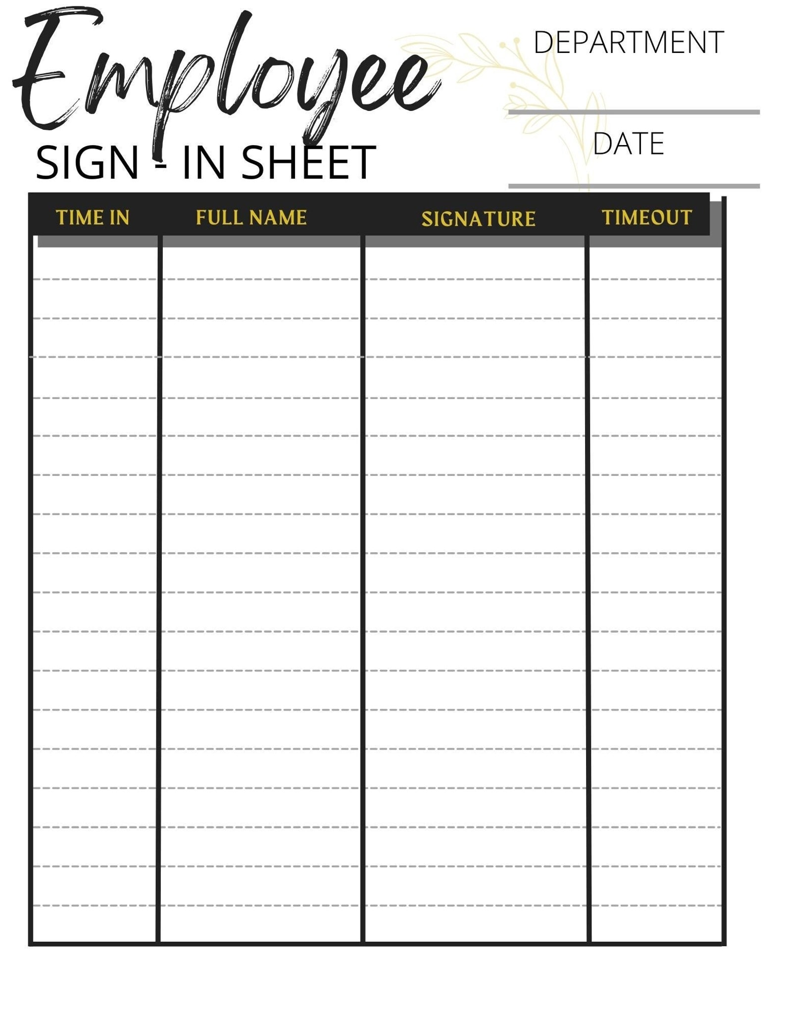 Employee Sign in Sheet | Printable Form |digital File| Instant Download ...