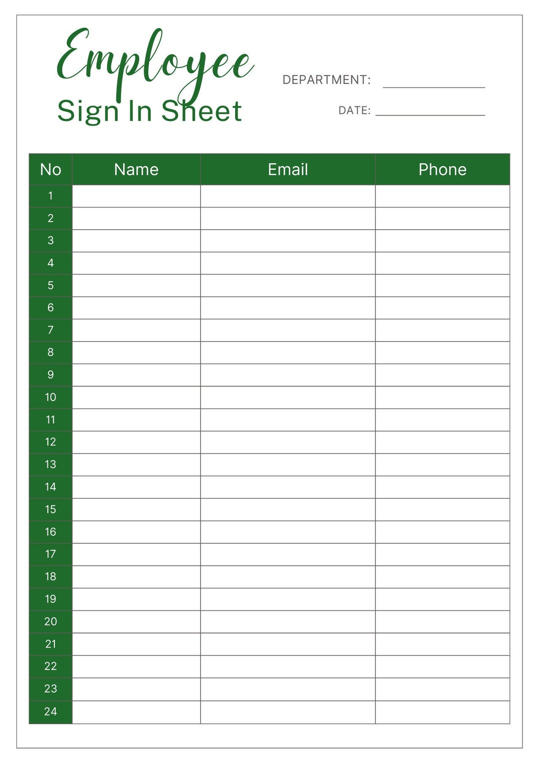 Employee Sign in Sheet , Printable Form, Digital File, Instant Download ...