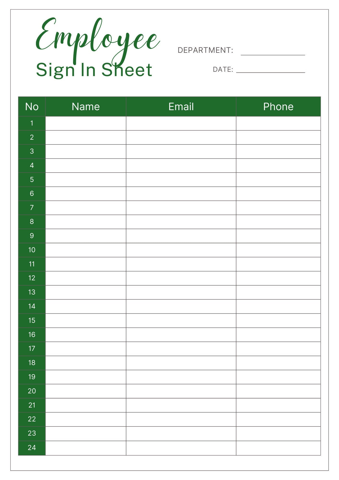Employee Sign in Sheet , Printable Form, Digital File, Instant Download ...