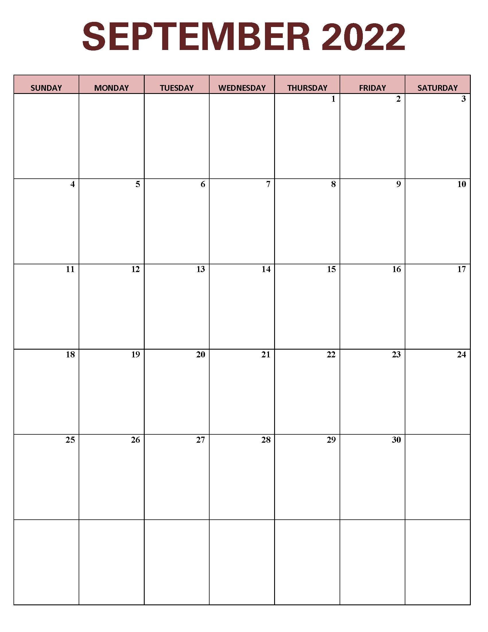 September 2022 Calendar Printable Portrait