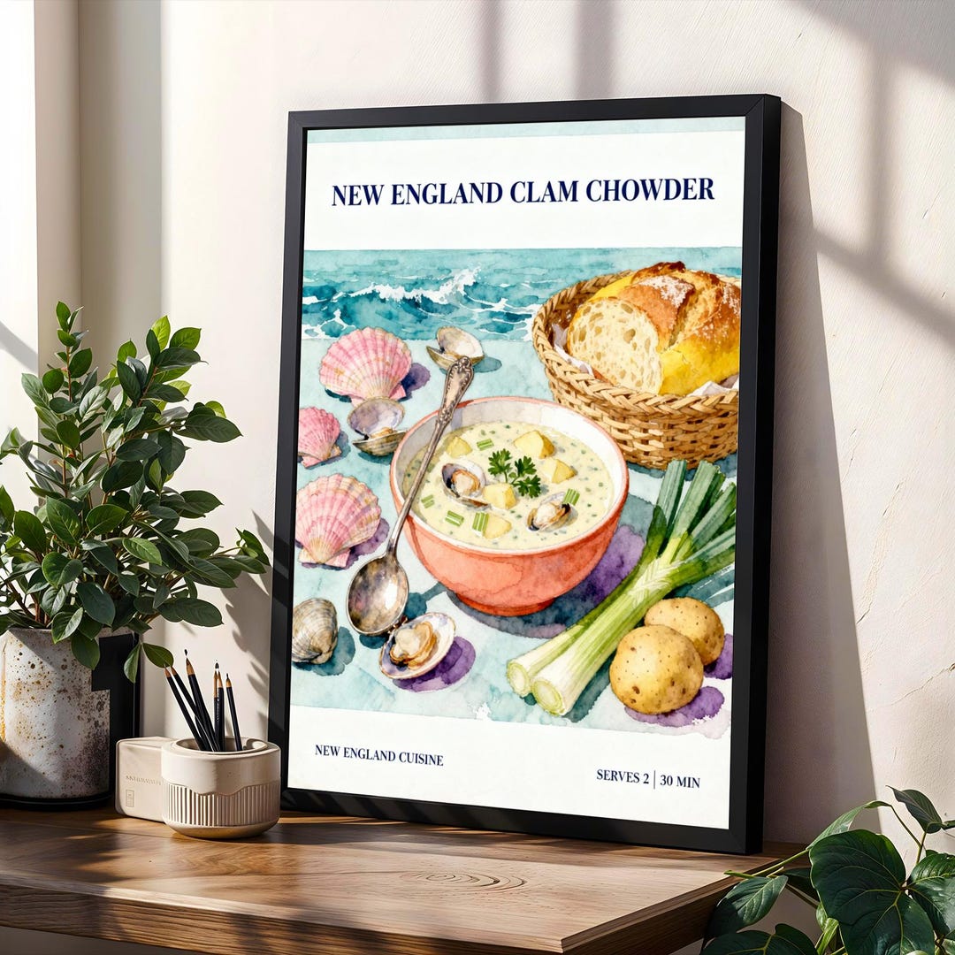 New England Clam Chowder Art Print – Teal, Pink and Beige Kitchen Decor ...