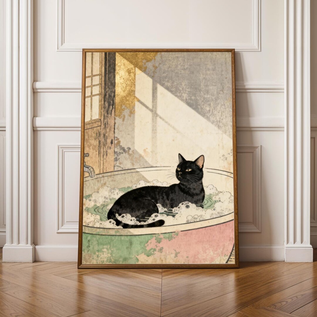 Japanese Woodblock Cat Poster – Black and Beige Japandi Art | Wabi-sabi ...