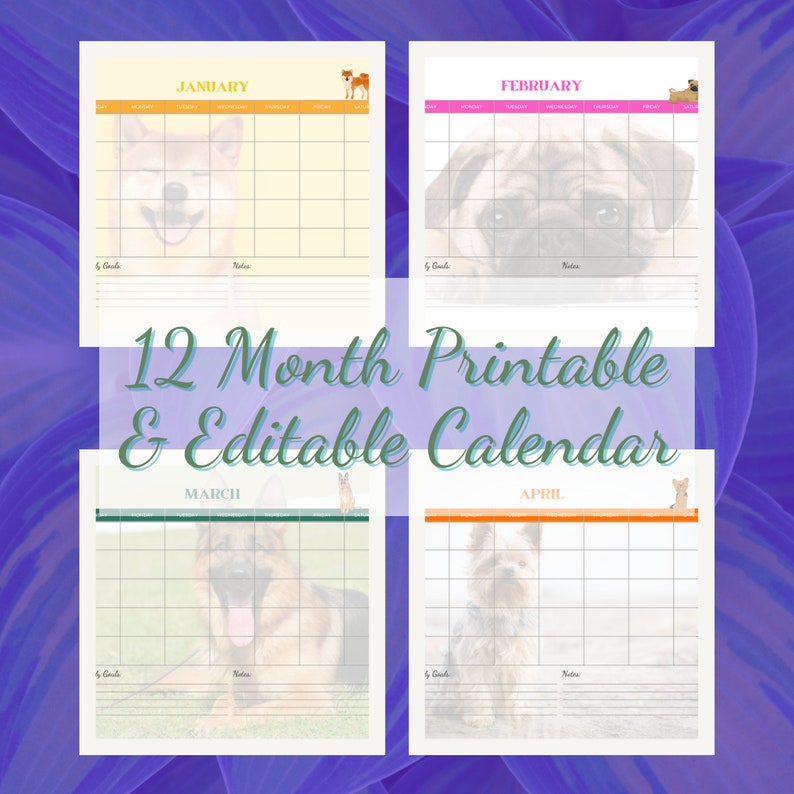 Printable Editable Blank un-numbered Doggie Calendar Dog - Etsy
