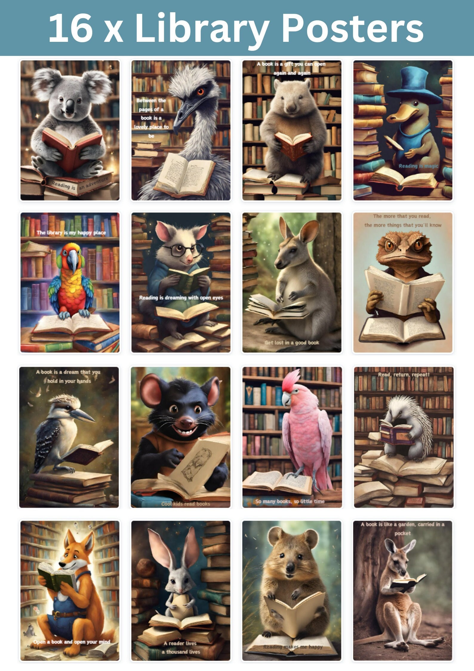 Australian Animal Library Posters, 16 X Reading Quotes, Library ...