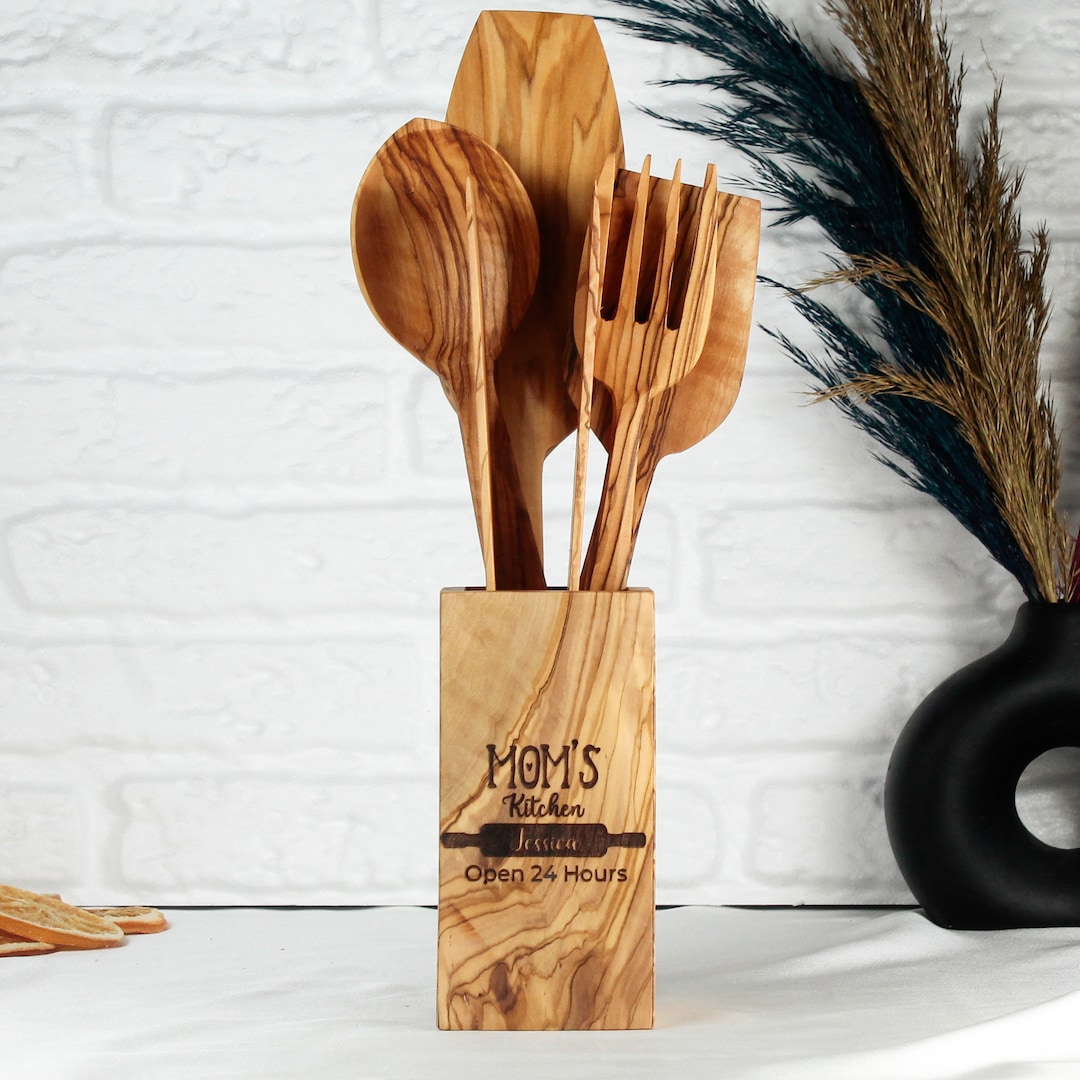 Personalized Olive Wood Utensil Set Cooking Set Spoon Spatula Tongs Set ...