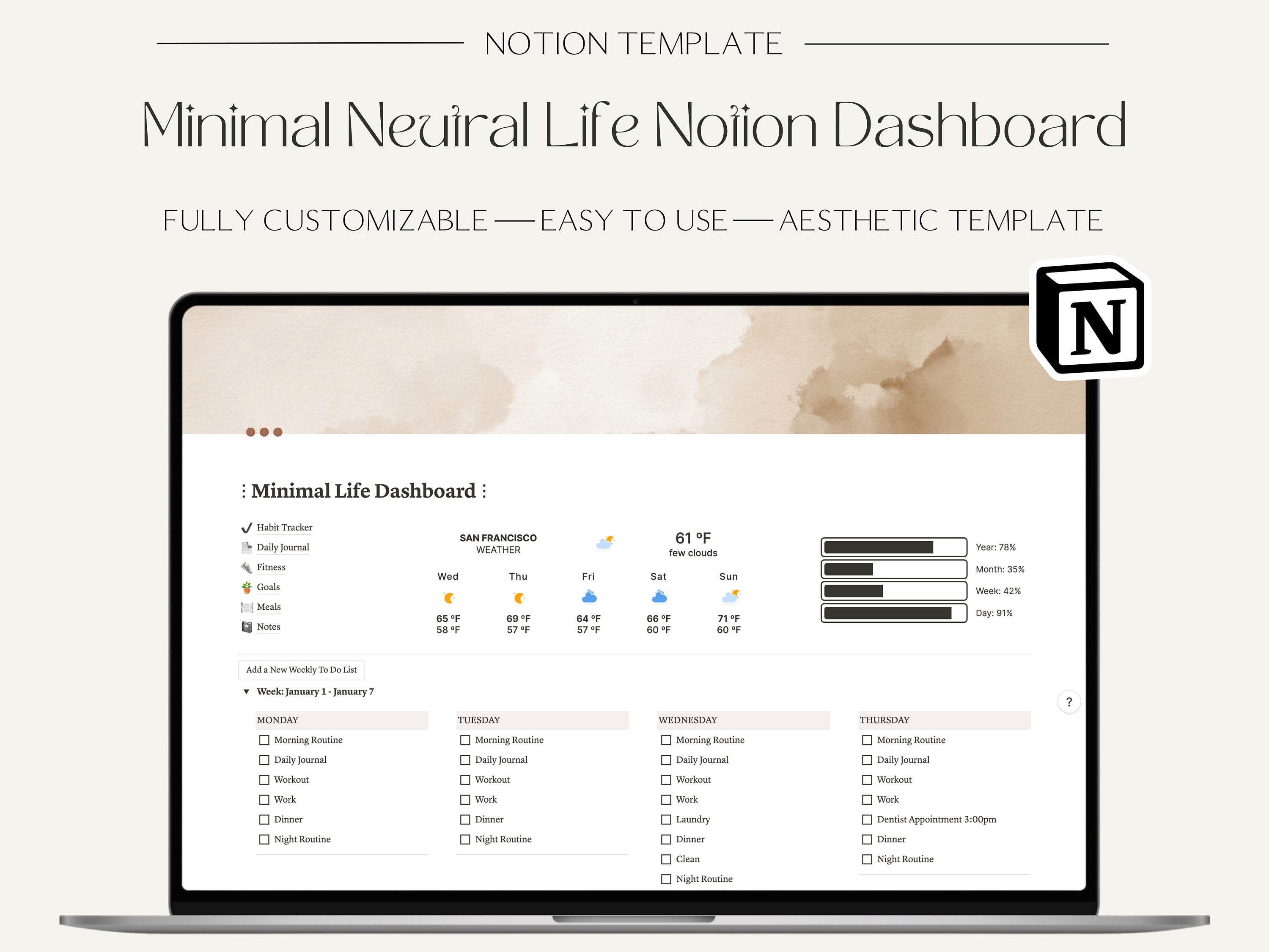 Neutral Aesthetic Minimal Notion Template Dashboard ADHD - Etsy
