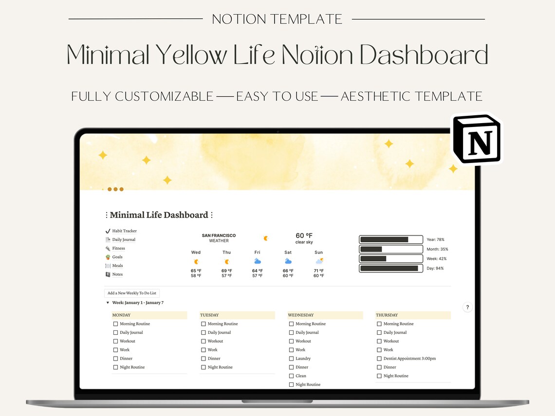 Yellow Aesthetic Minimal Notion Template Dashboard ADHD - Etsy
