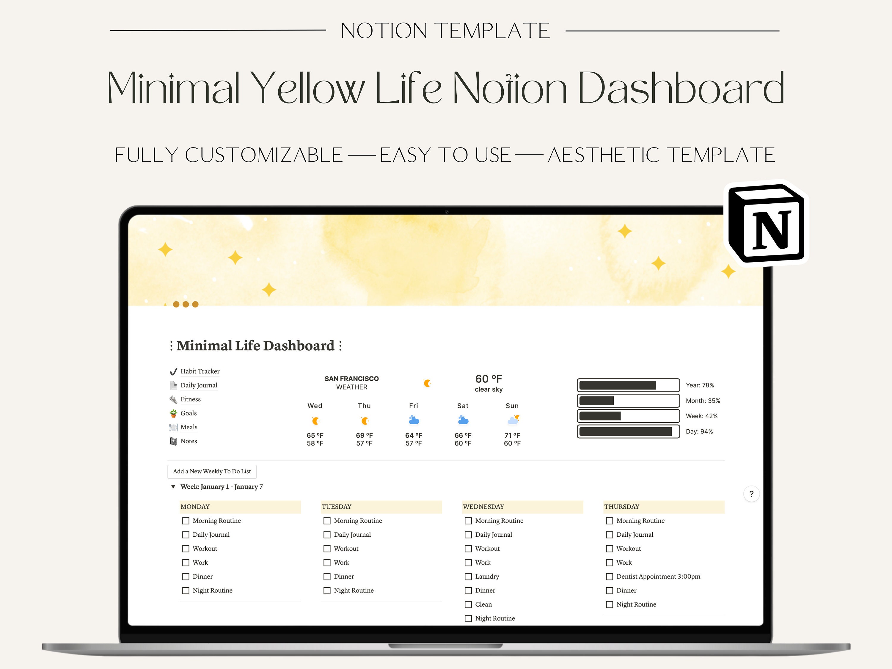 Yellow Aesthetic Minimal Notion Template Dashboard ADHD - Etsy