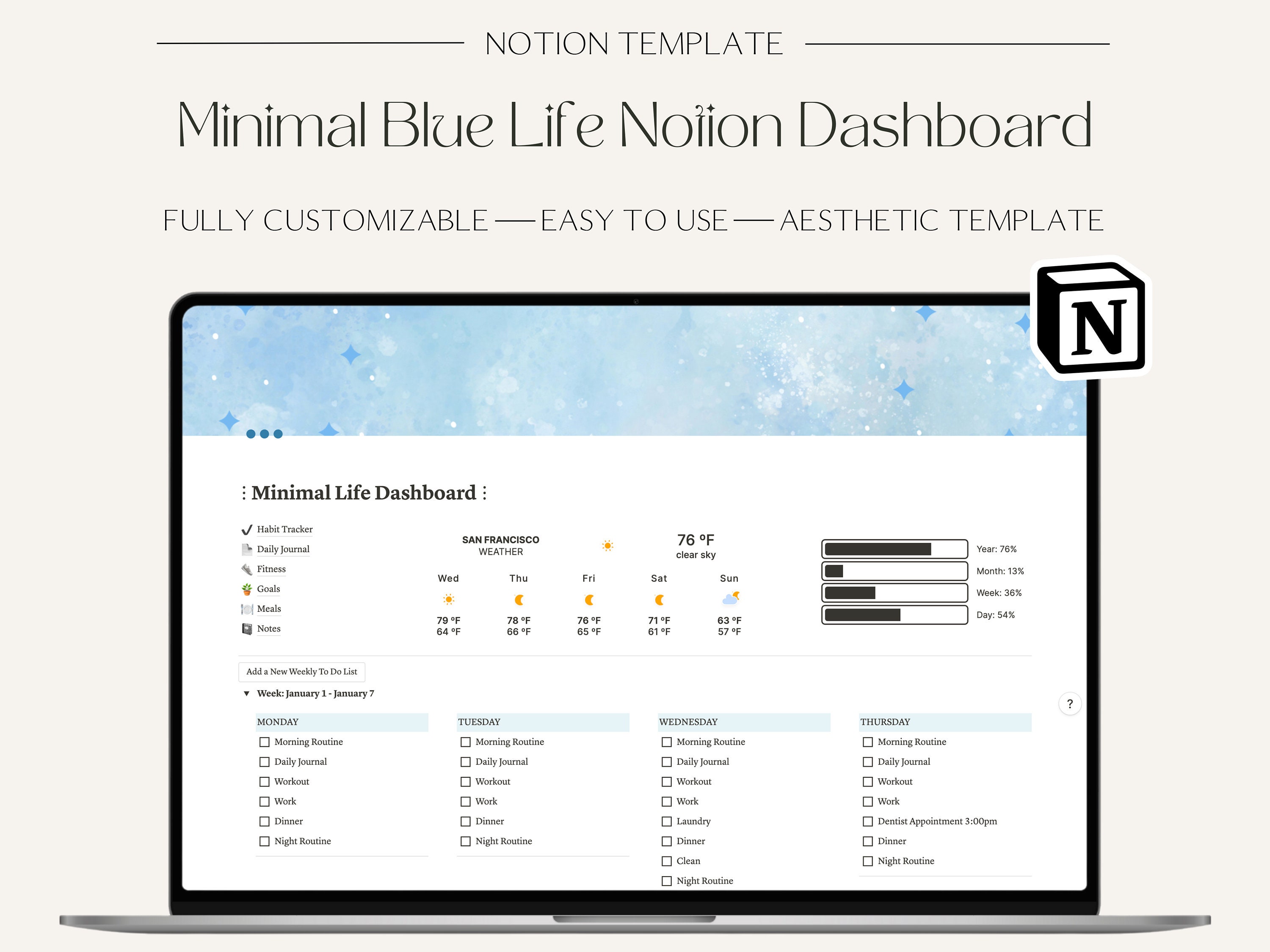 Blue Aesthetic Minimal Notion Template Dashboard ADHD - Etsy