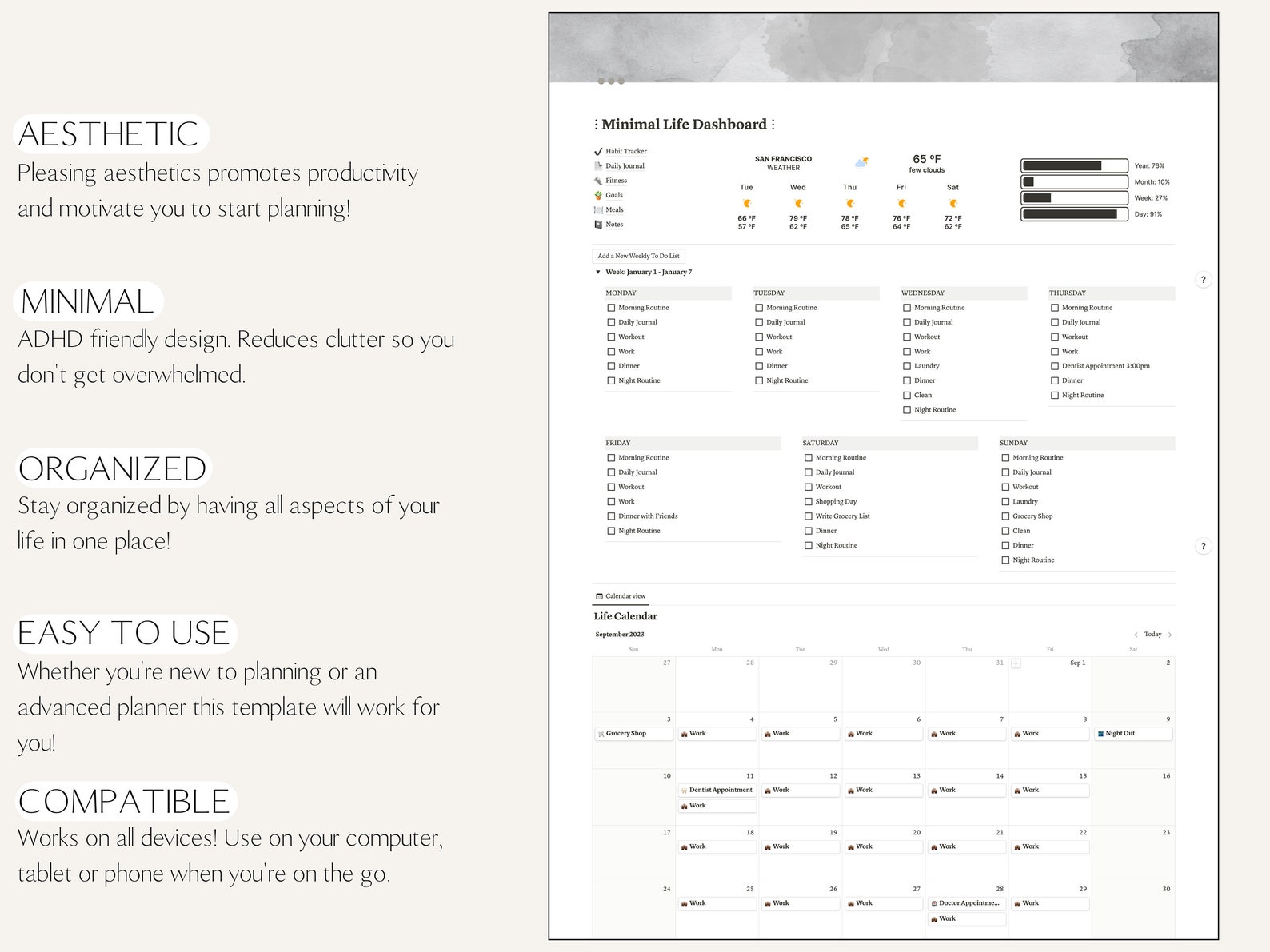 Grey Aesthetic Minimal Notion Template Dashboard ADHD - Etsy