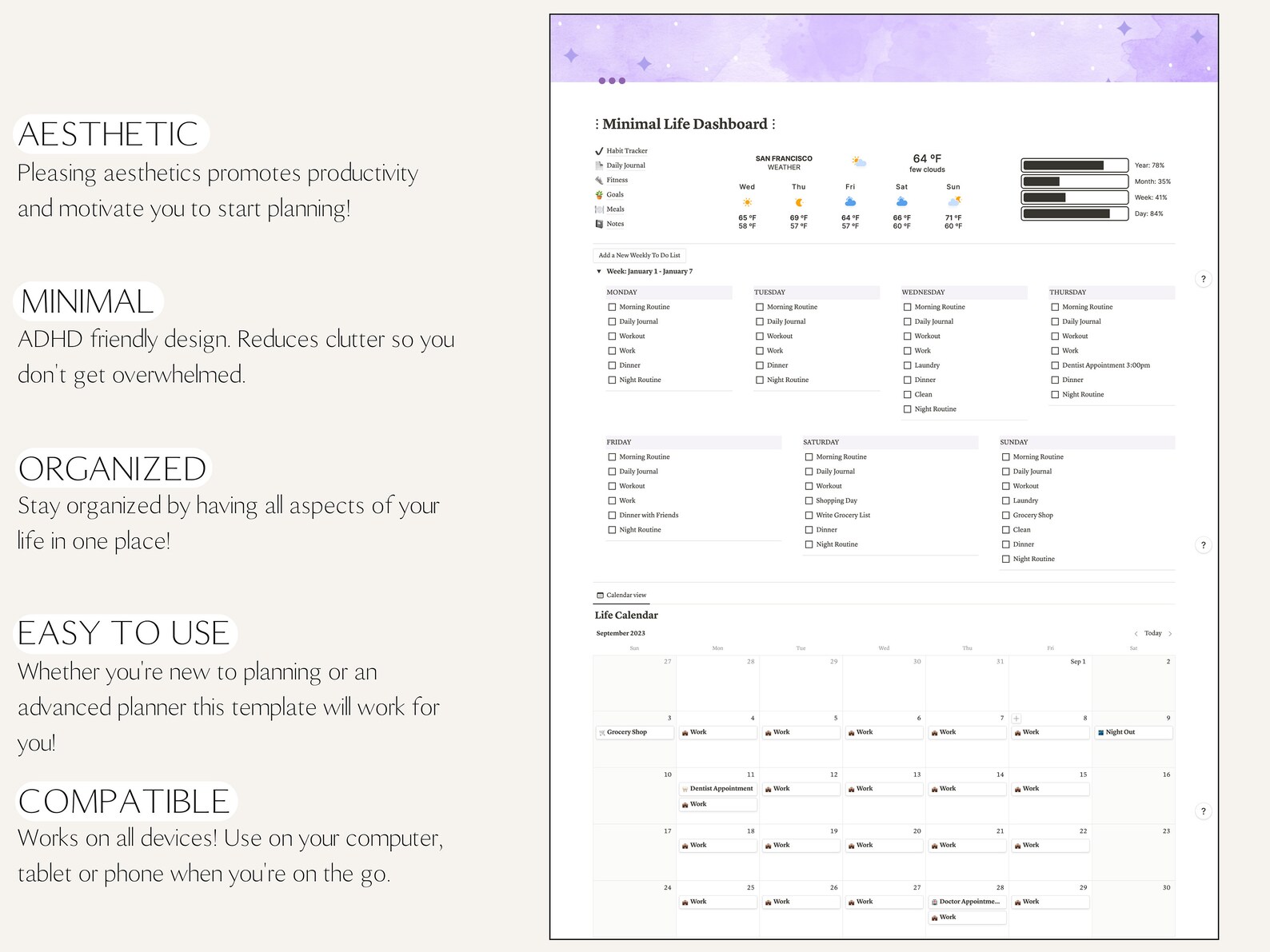 Purple Aesthetic Minimal Notion Template Dashboard ADHD Friendly Weekly ...