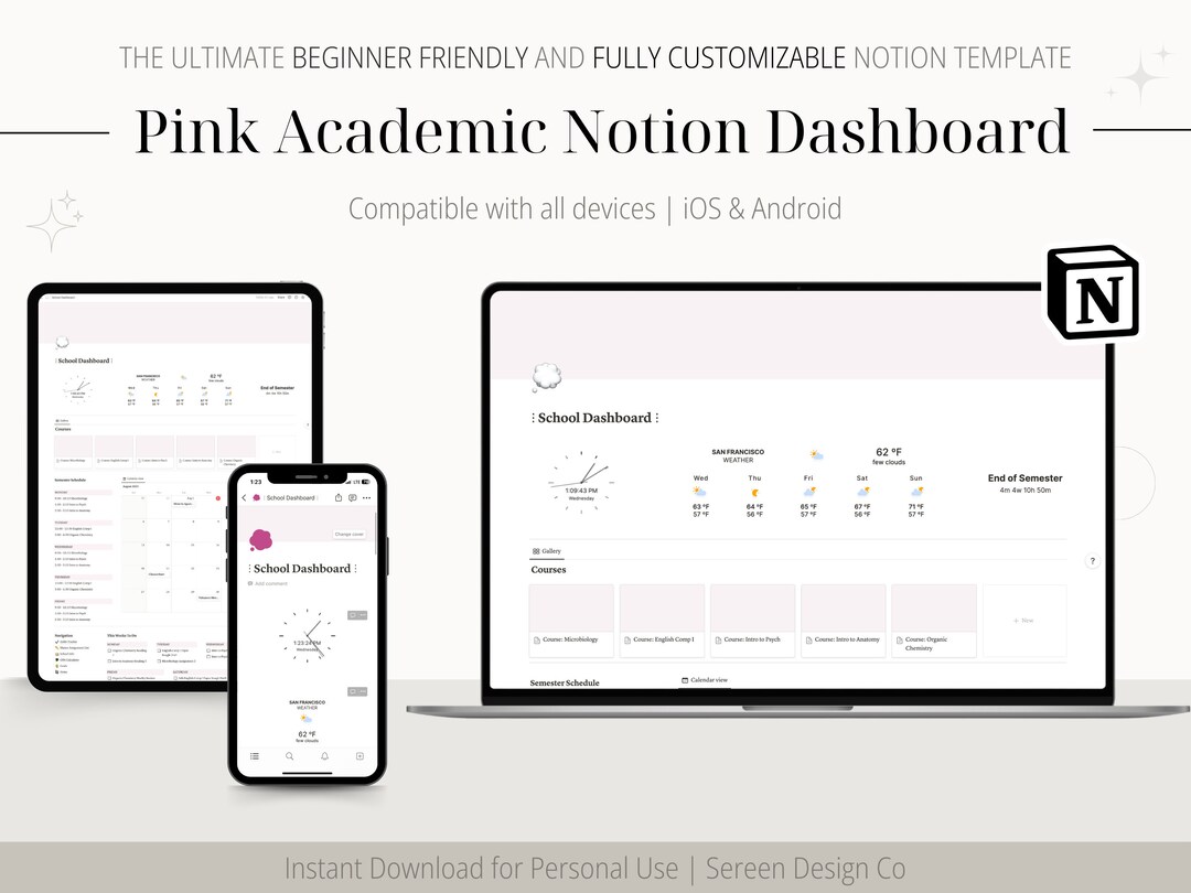 Minimal Pink Aesthetic Academic Notion Template Dashboard ADHD Friendly ...