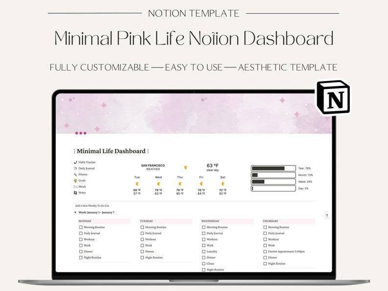 Pink Aesthetic Minimal Notion Template Dashboard ADHD - Etsy