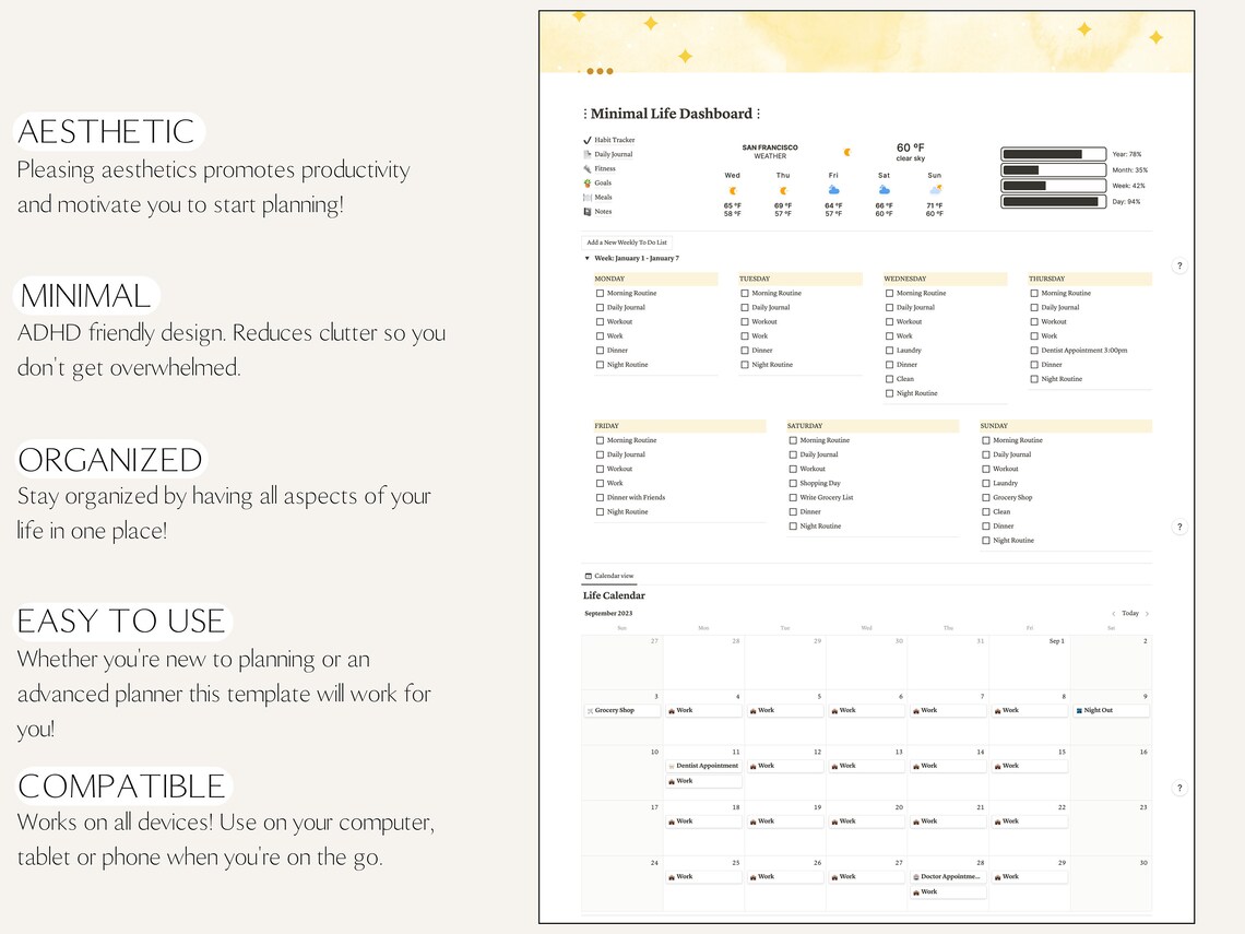 Yellow Aesthetic Minimal Notion Template Dashboard ADHD - Etsy
