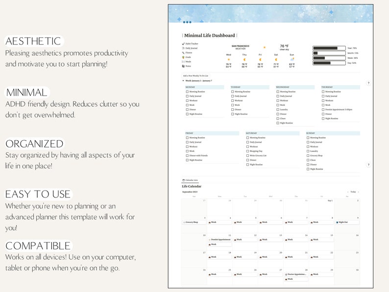 Blue Aesthetic Minimal Notion Template Dashboard ADHD - Etsy