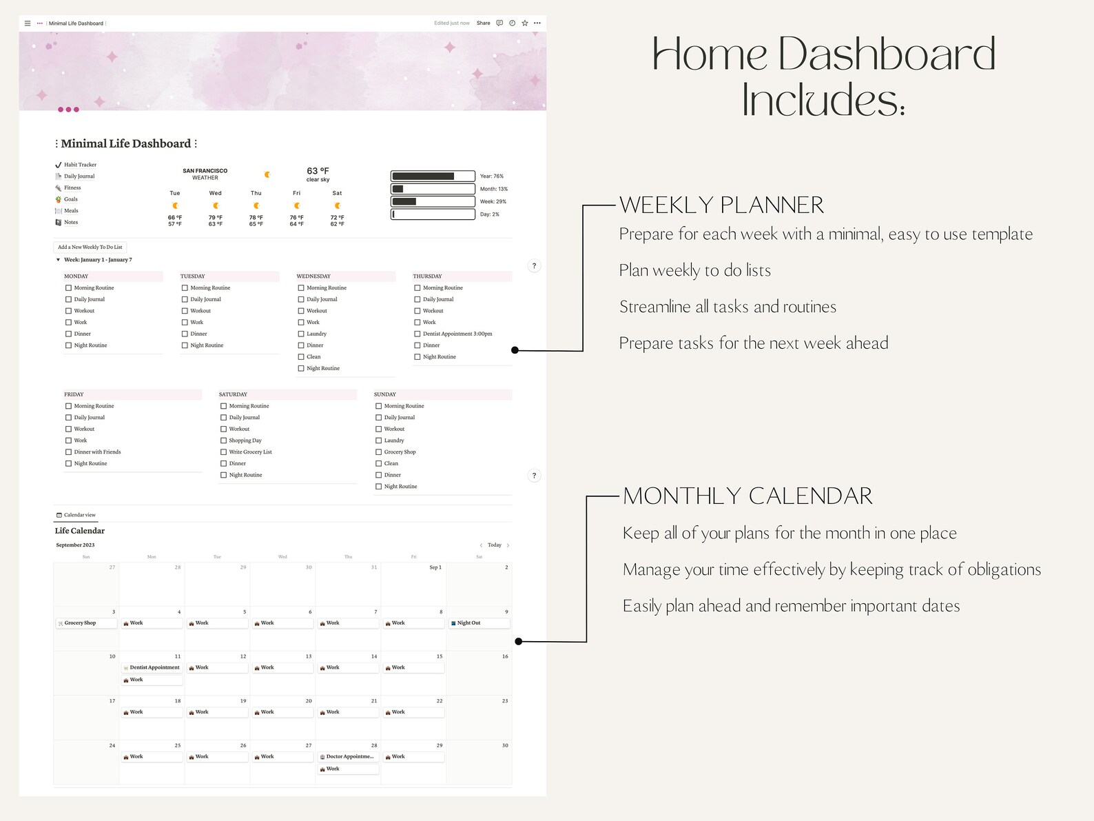 Pink Aesthetic Minimal Notion Template Dashboard ADHD - Etsy