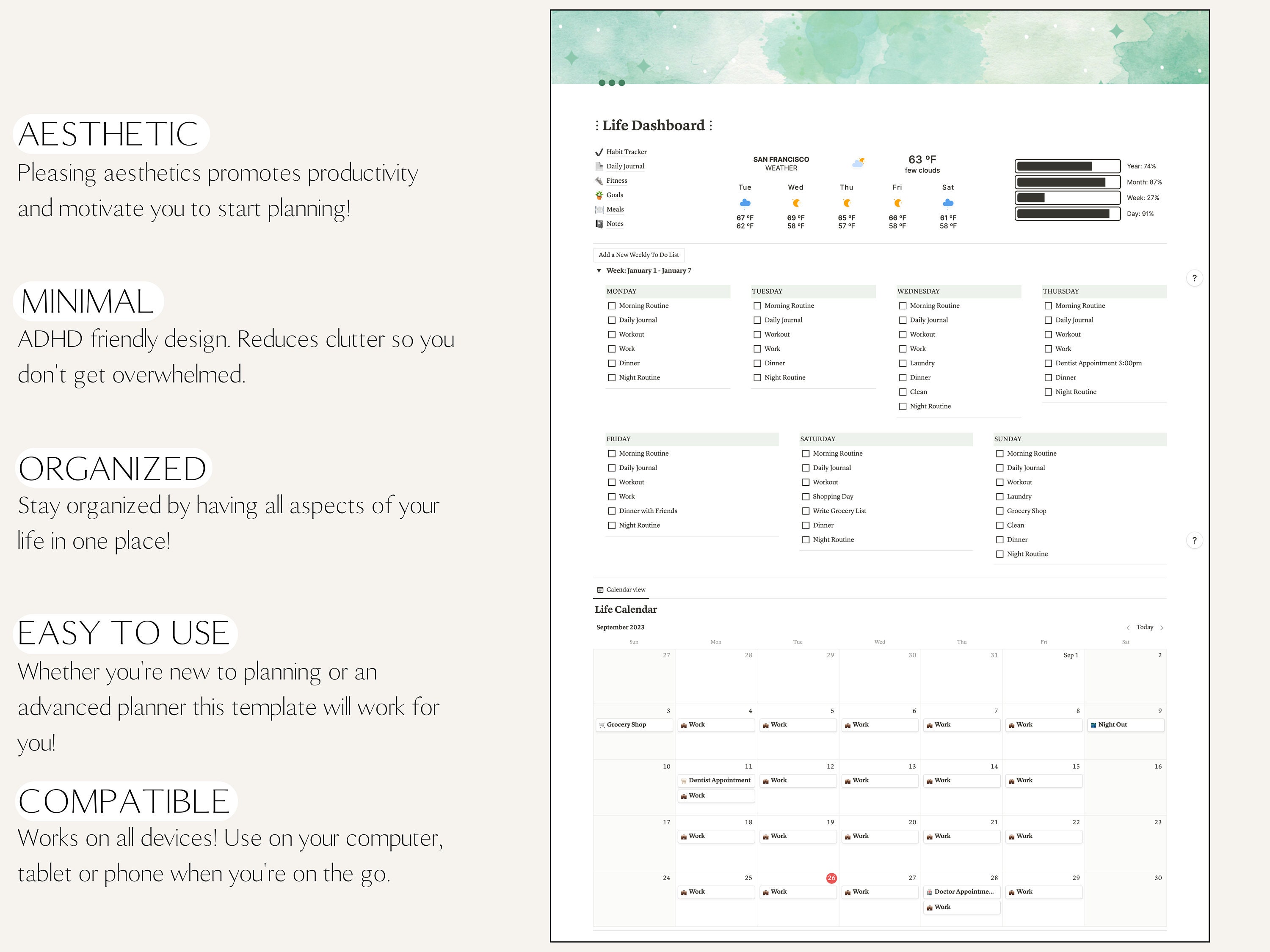 Green Aesthetic Minimal Notion Template Dashboard ADHD - Etsy