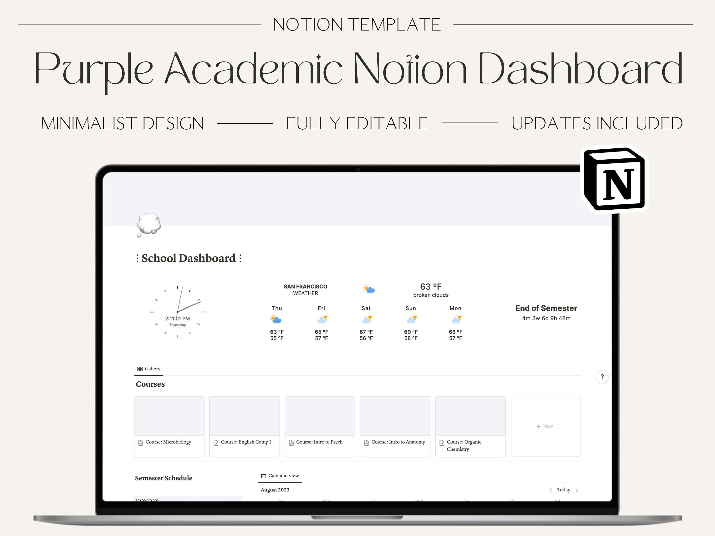 Minimal Purple Aesthetic Academic Notion Template Dashboard ADHD ...