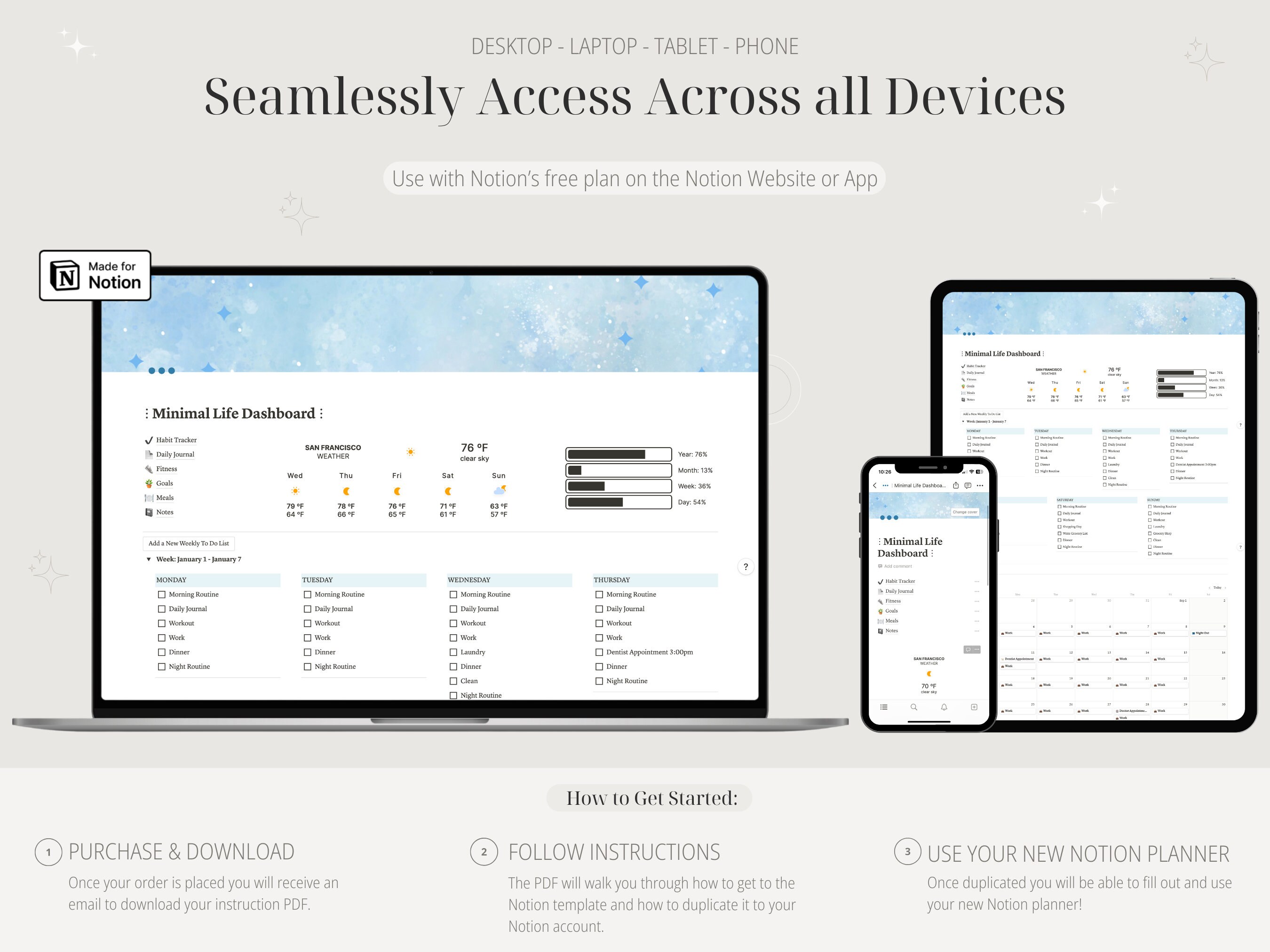 Blue Aesthetic Minimal Notion Template Dashboard | ADHD Friendly ...