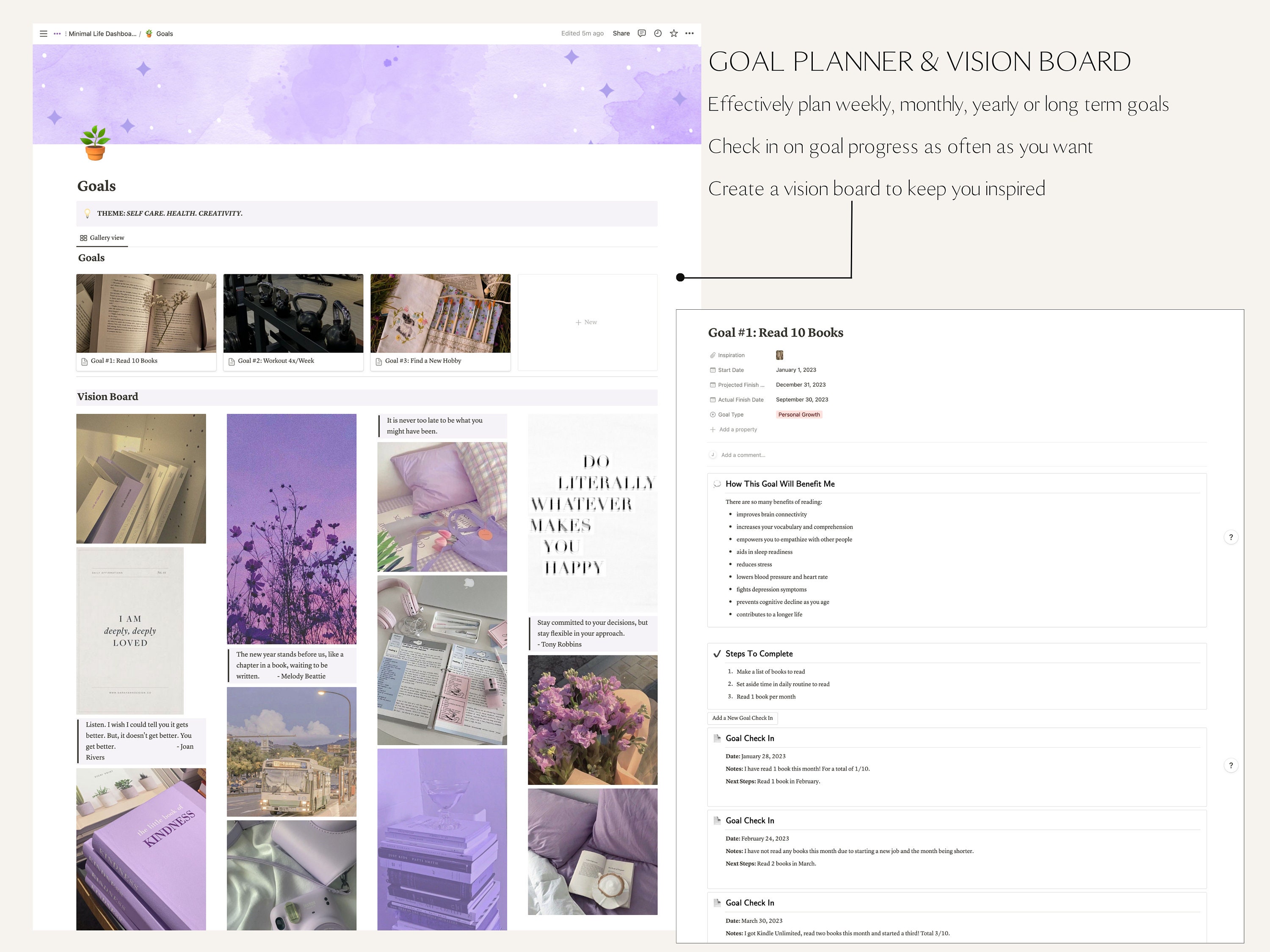 Purple Aesthetic Minimal Notion Template Dashboard ADHD Friendly Weekly ...