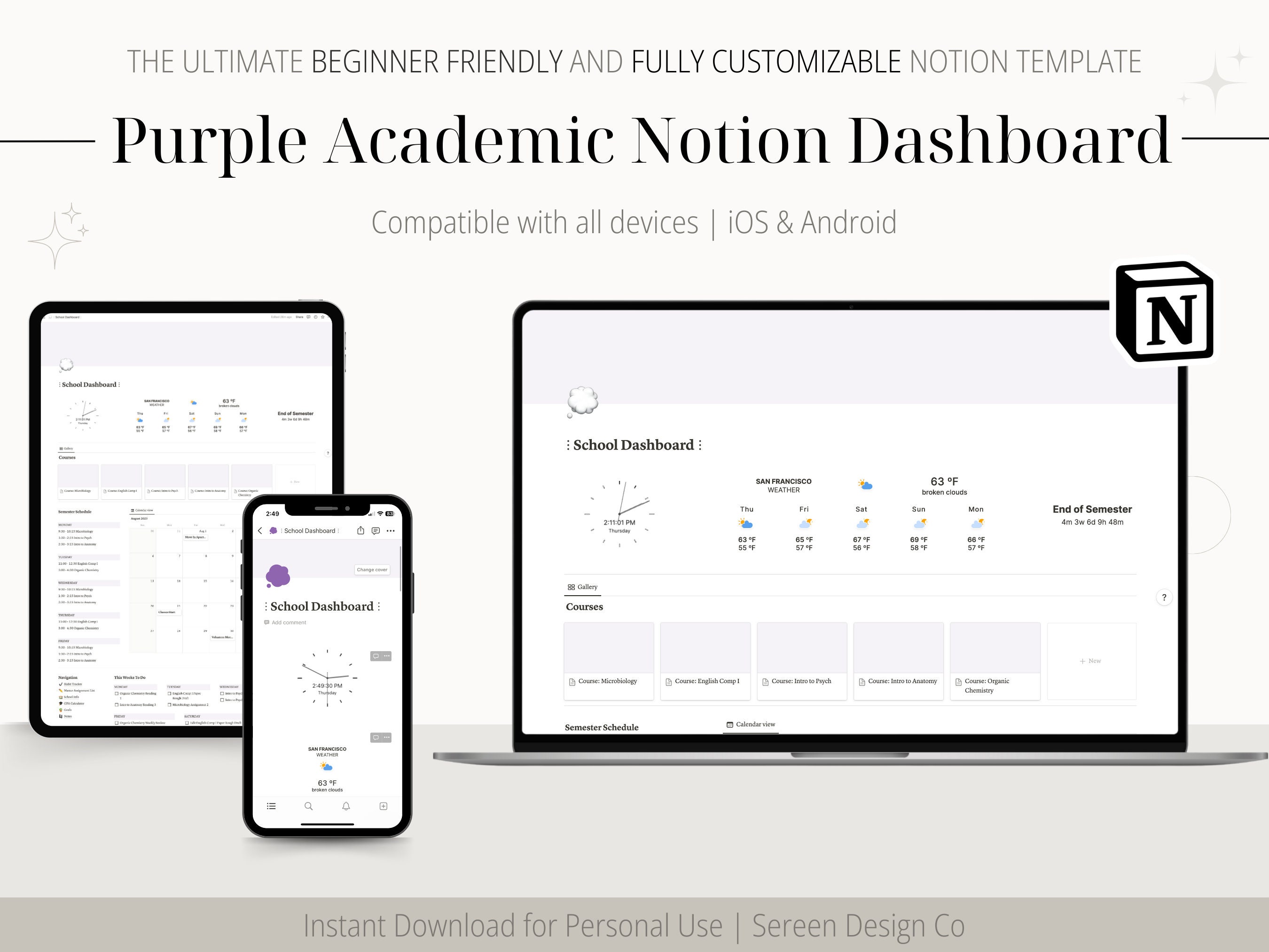 Minimal Purple Aesthetic Academic Notion Template Dashboard ADHD ...