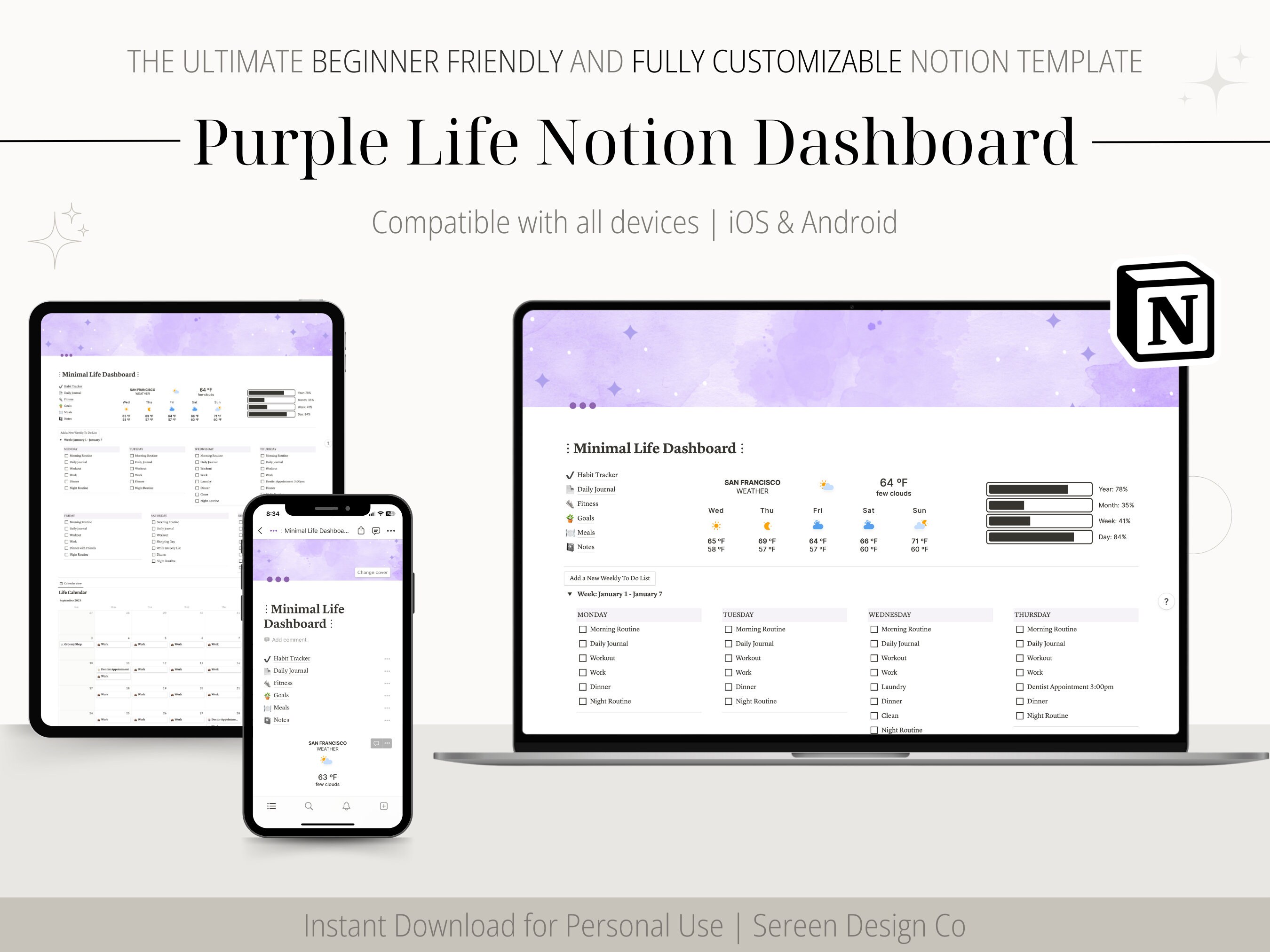 Purple Aesthetic Minimal Notion Template Dashboard ADHD Friendly Weekly ...