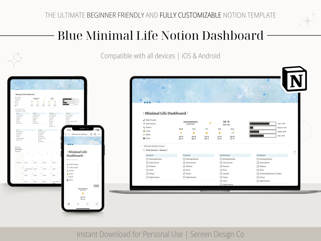 Blue Aesthetic Minimal Notion Template Dashboard | ADHD Friendly ...