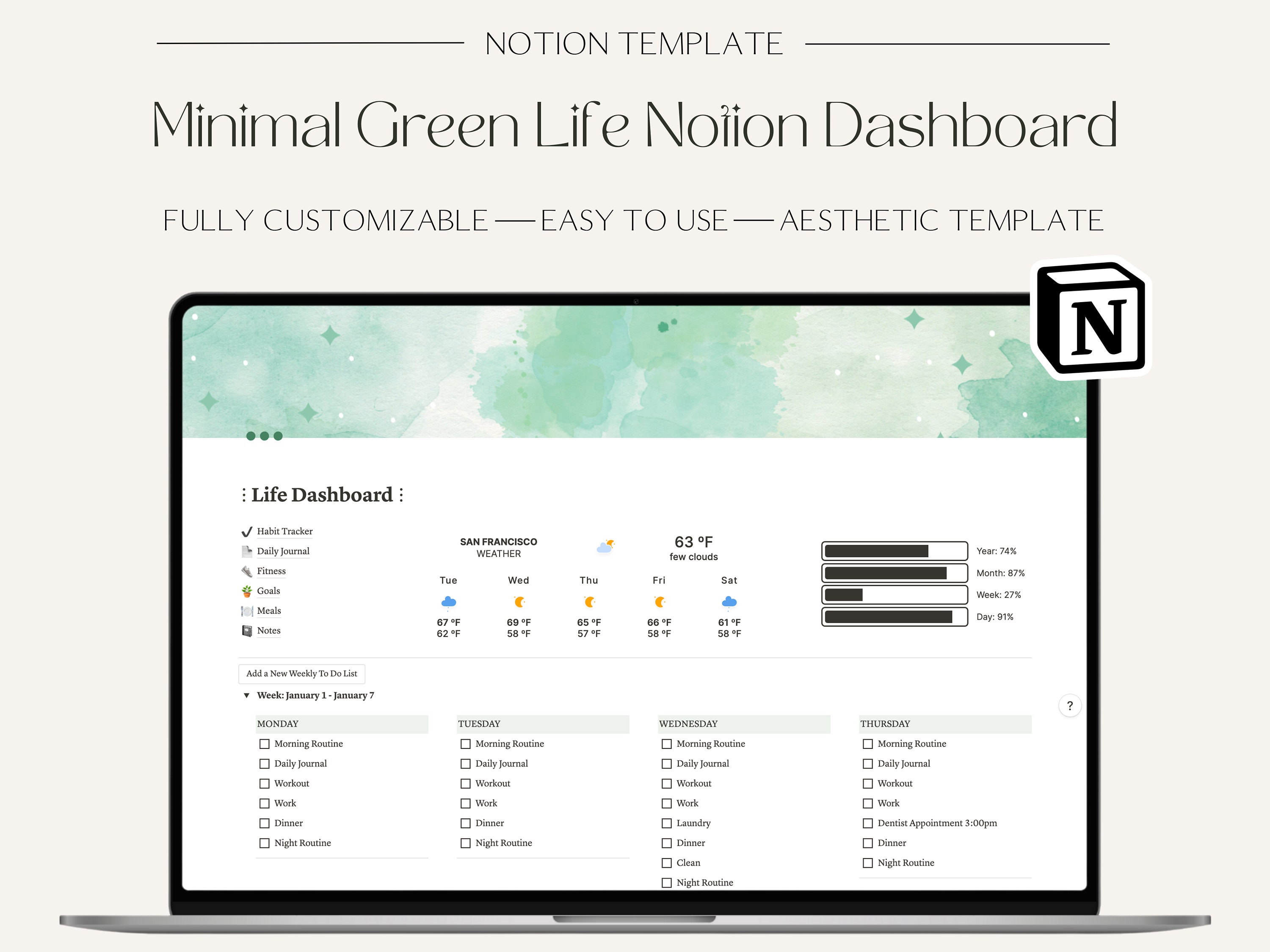 Green Aesthetic Minimal Notion Template Dashboard ADHD - Etsy