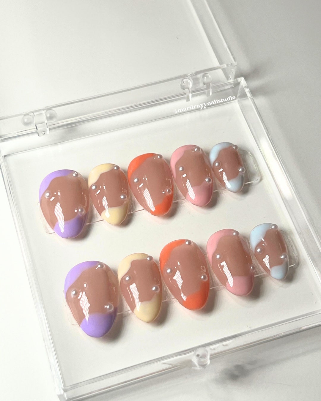 17. Spring Swirl Press on Nails Colorful Summer Fake Nails Pearl Almond ...